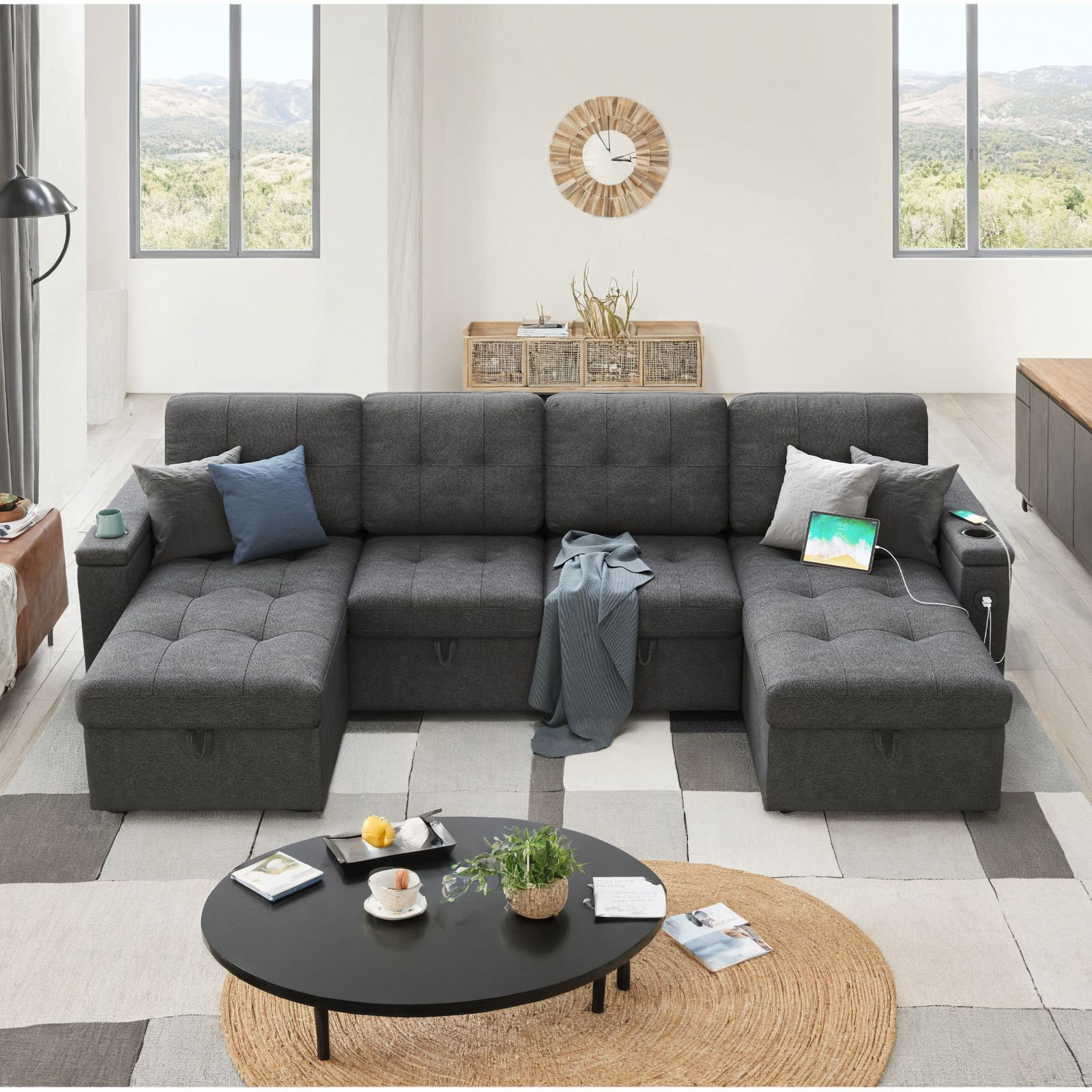 Ebern Designs 109 Inch Pull Out Couch, Sleeper Sofa With 2 USB Charge ...