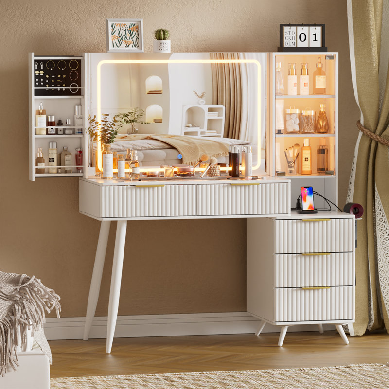 Ivy Bronx Fluted Makeup Vanity Desk With Mirror And Lights,Sliding ...