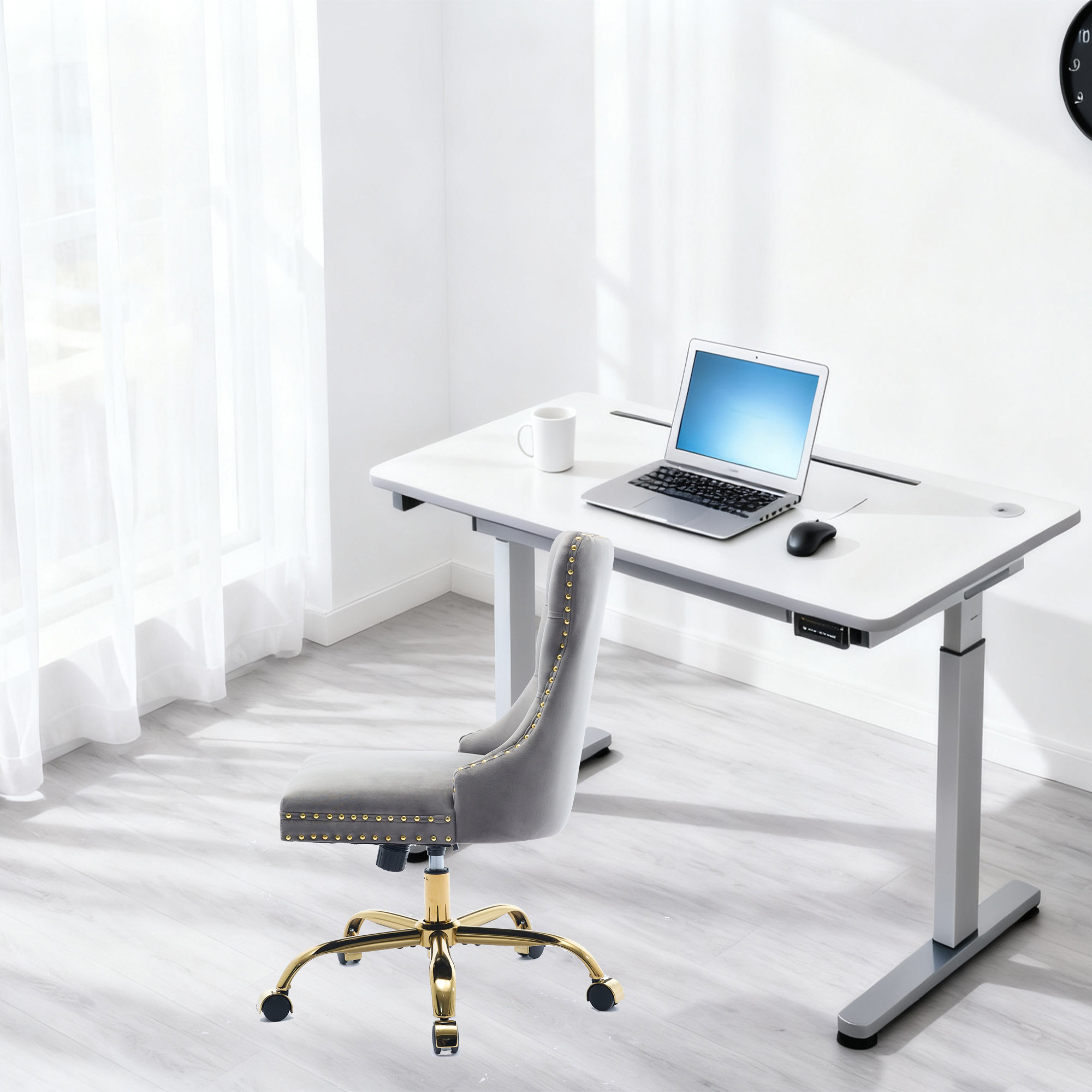 Mercer41 Office Chair,Modern Velvet Upholstered Tufted Button Home Office Chair with Golden ...