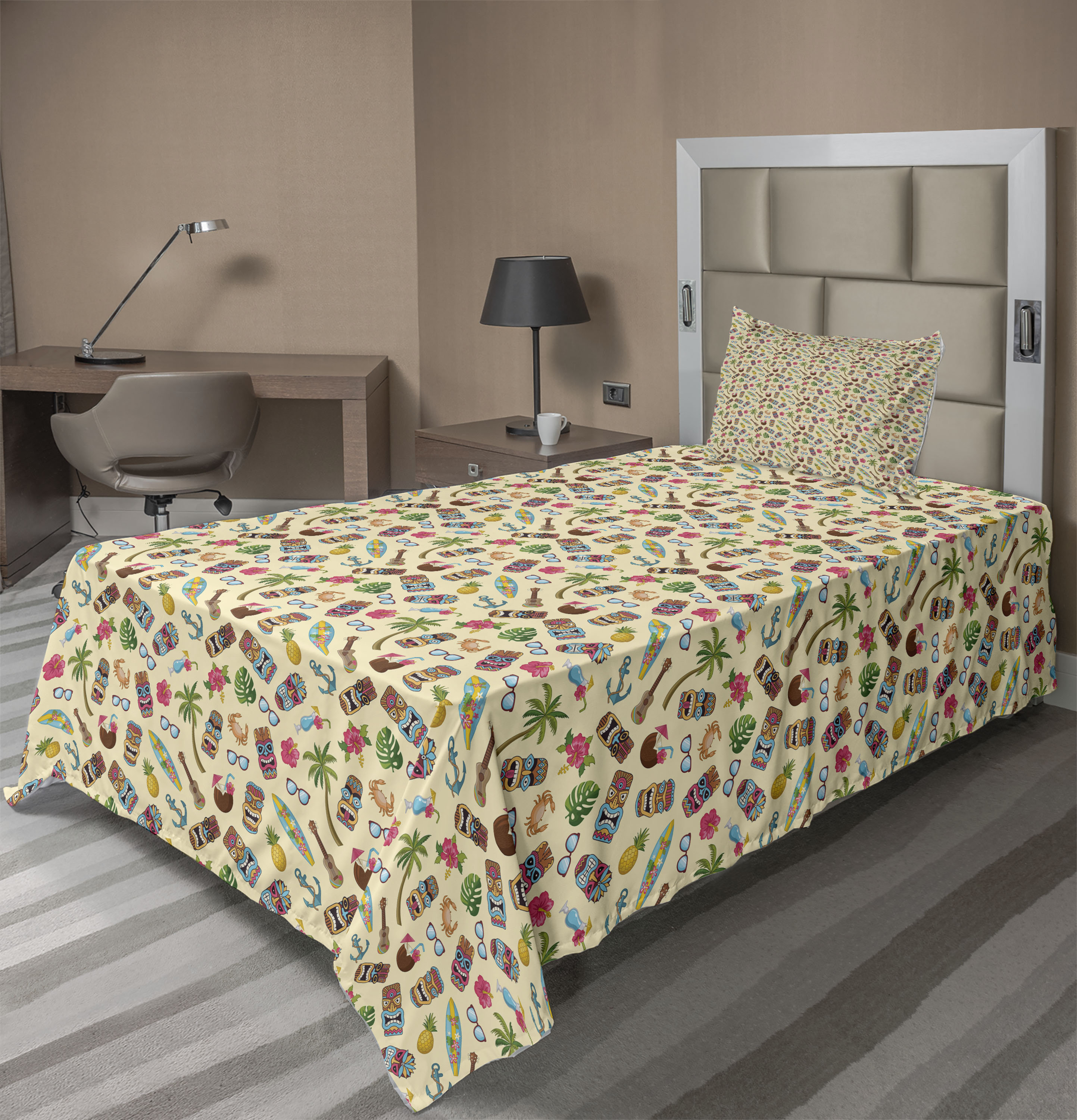 Ambesonne Tropical Sheet Set Aloha Totem Motifs Guitar Champagne Fawn ...