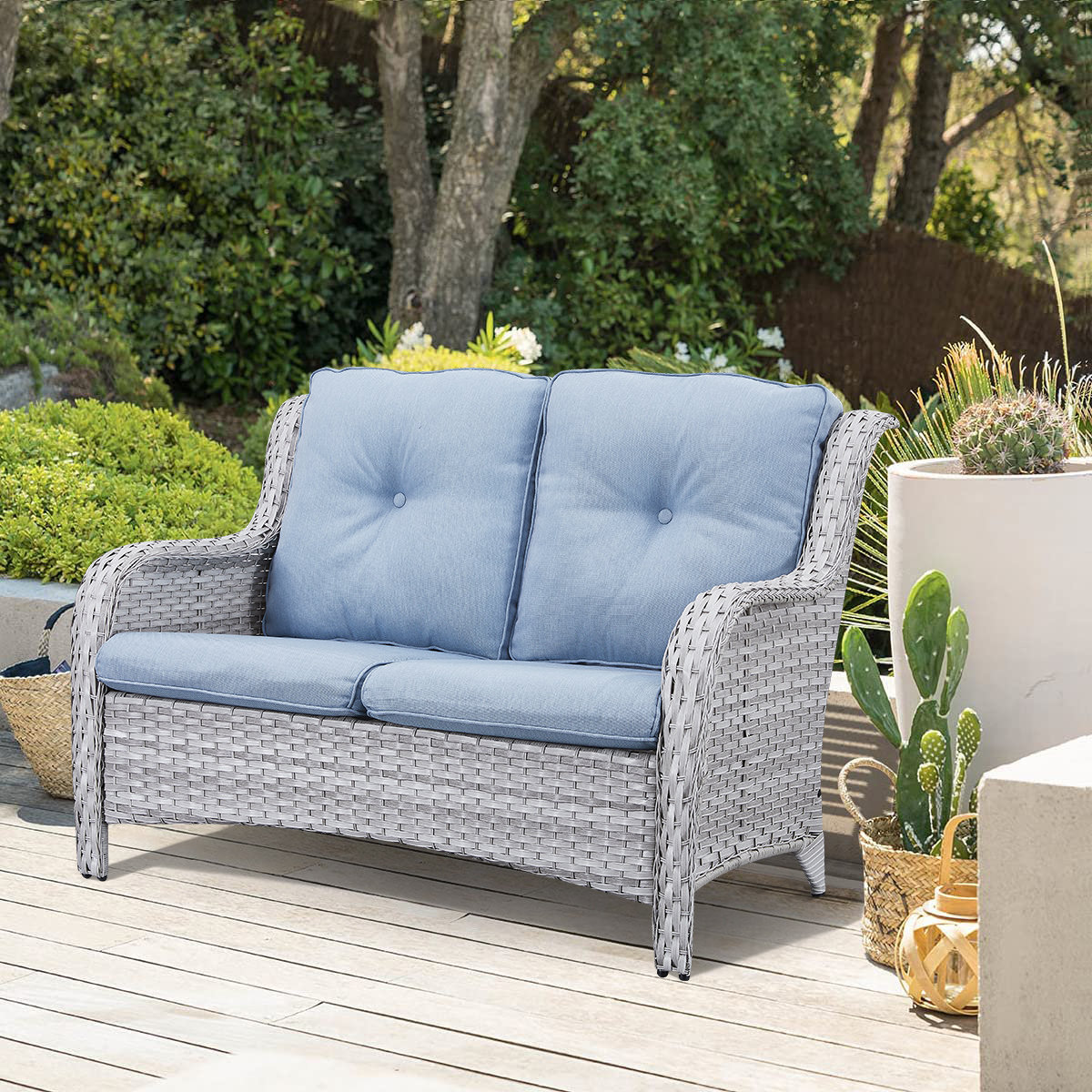 Hummuh Carolina 52" Wide Outdoor Wicker Loveseat with Cushions ...