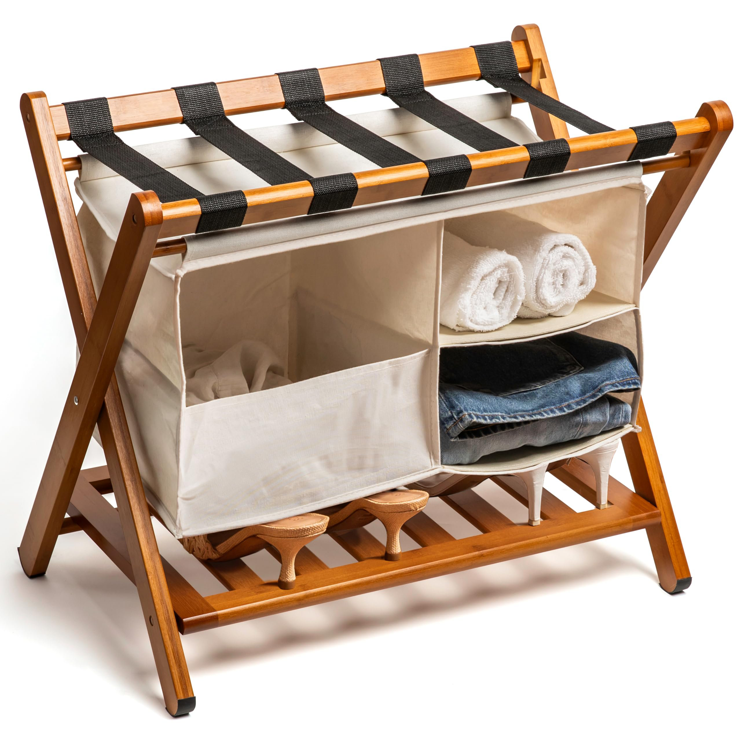 COAHAHA Natural Bamboo Folding Luggage Rack With Storage - Heavy-Duty ...