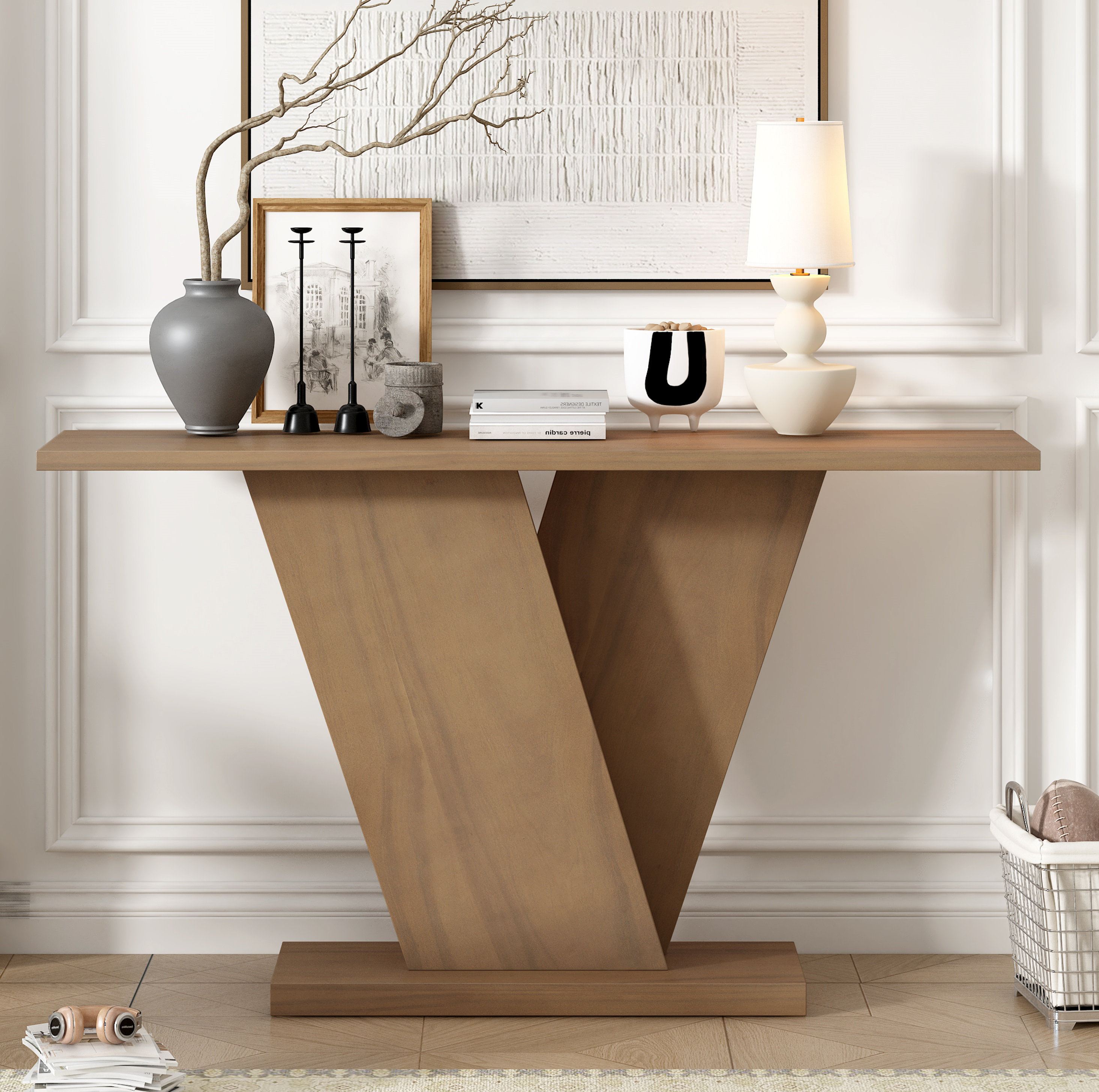 Latitude Run® Mirod Console Table with Natural Wood Veneer,V-Base ...