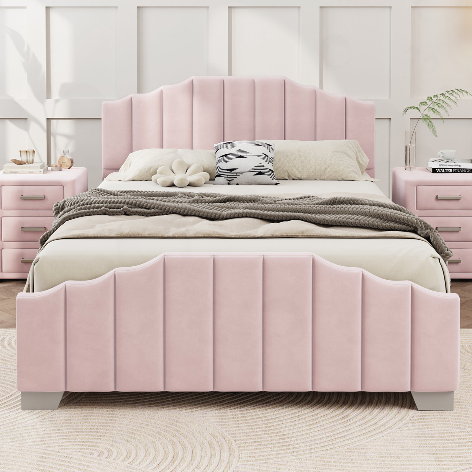 Ebern Designs Queen Size Velvet Platform Markley with Vertical Channel ...