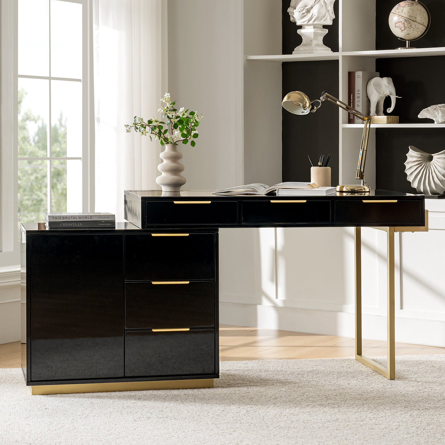Everly Quinn Rothi Glam 6-Drawer L-Shaped Desk with Cable Management Power Outlets and ...