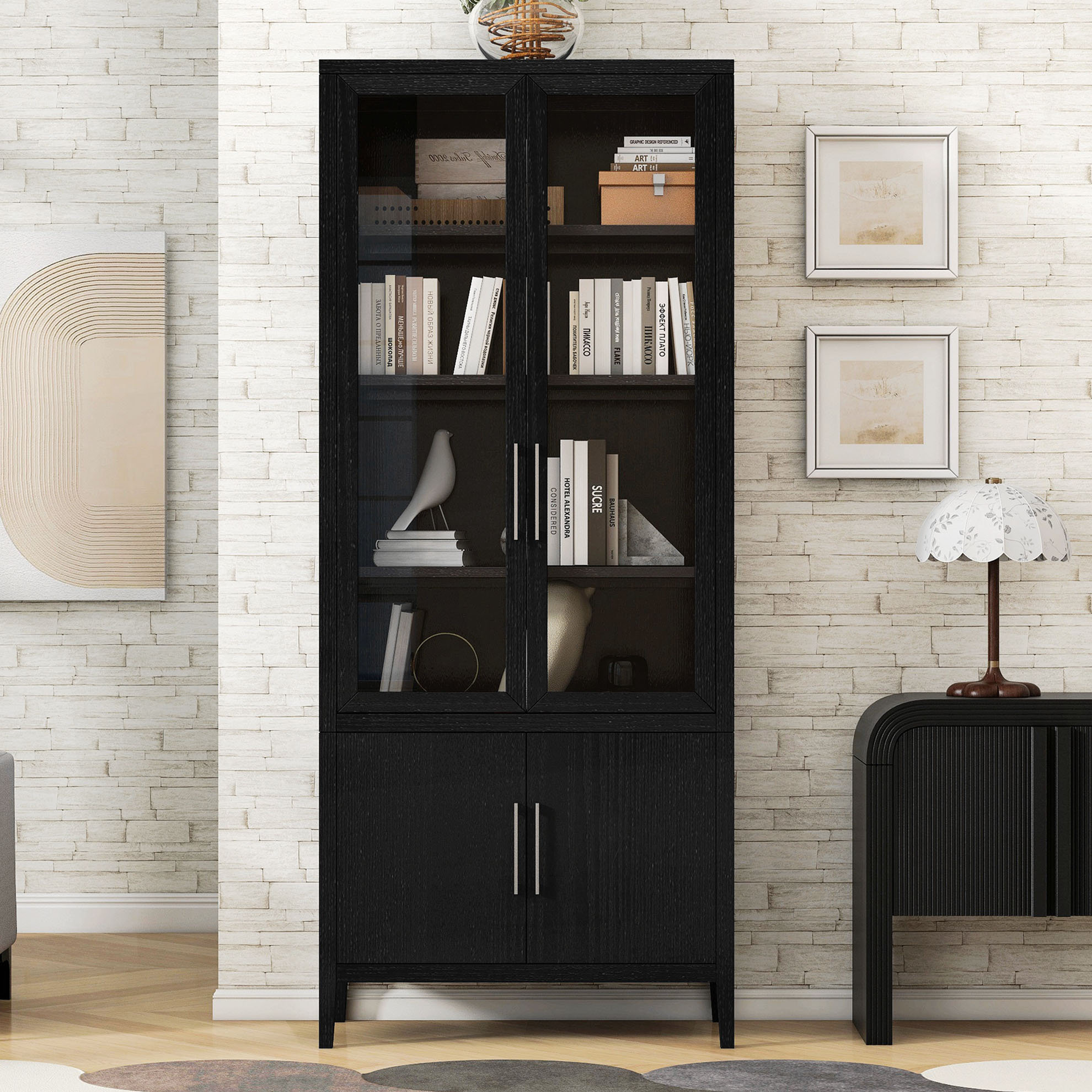Latitude Run® Impressive 90.6'' Tall Bookcase With Oak Veneer And Glass ...