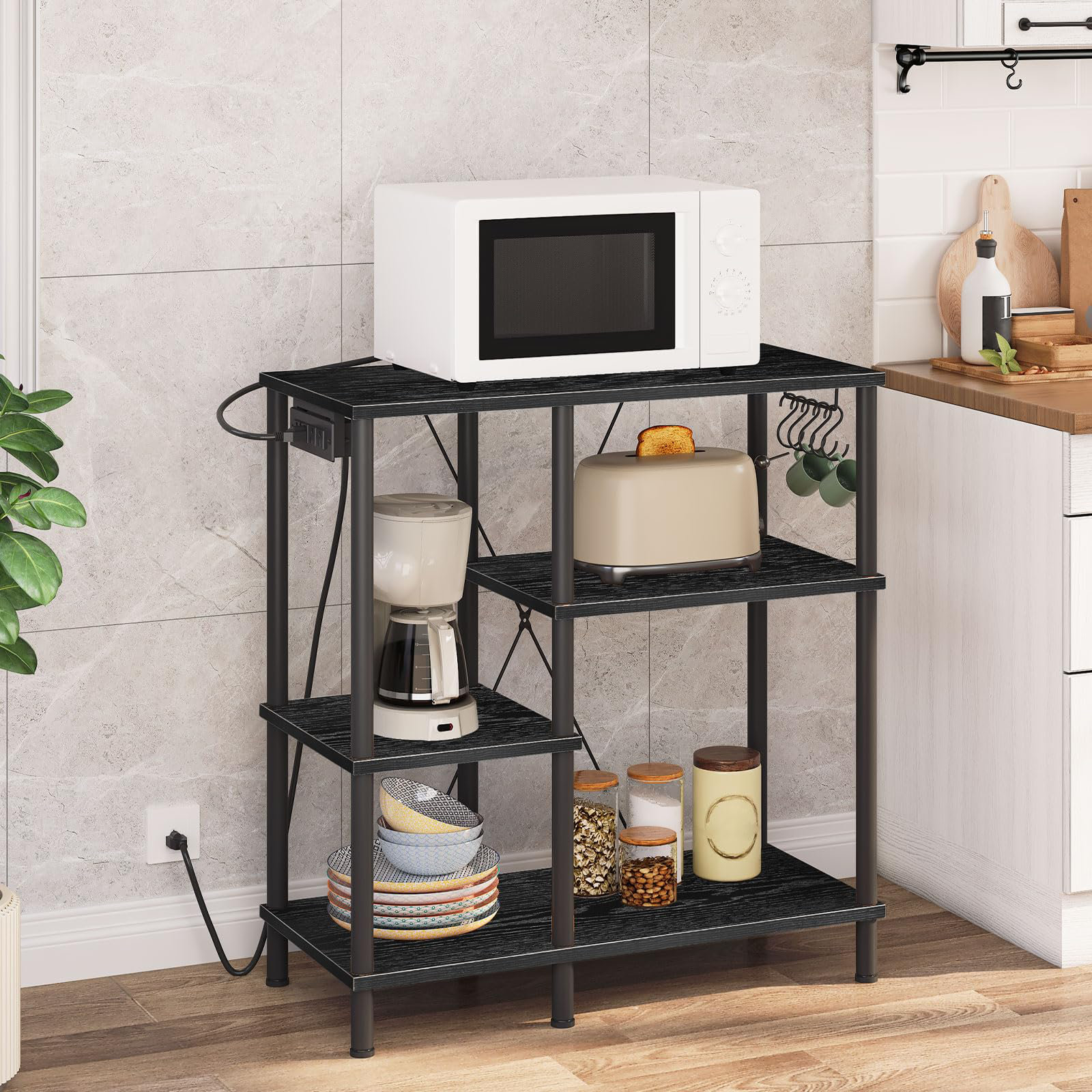 Latitude Run® Bread Rack With Power Socket Microwave Rack With 5 Hooks ...