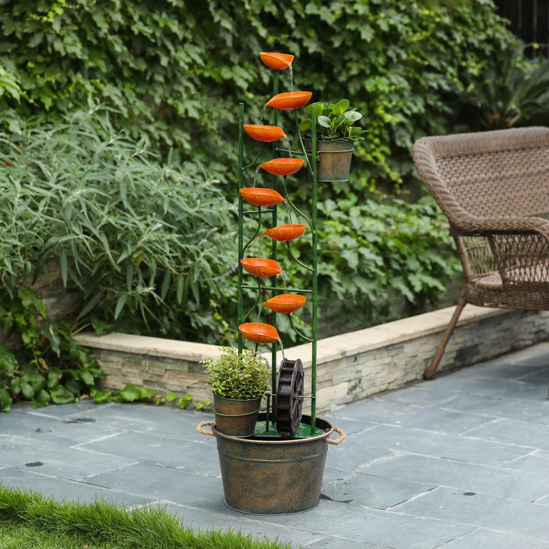 17 Stories 4.2Ft Tall Orange Metal Lotus Petals Cascading Outdoor ...