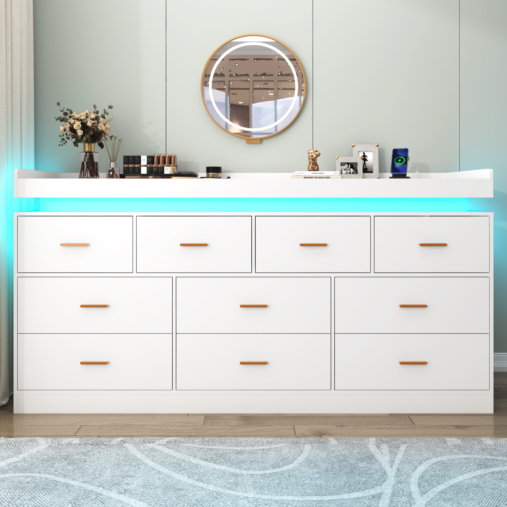 Wrought Studio™ 10 Drawer 70" W Dresser With LED Light, Sockets, USB ...
