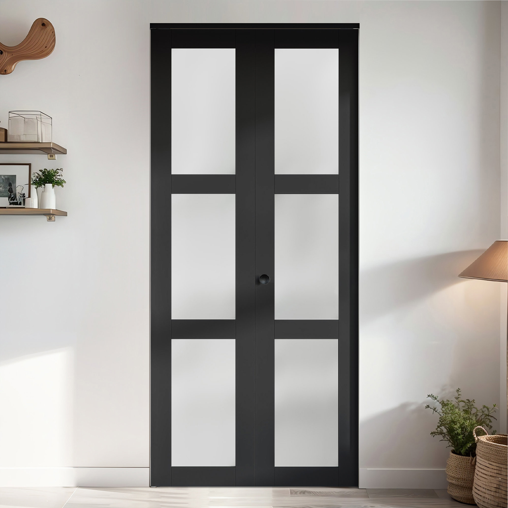 DoorFusion 3-Lite Frosted Glass and Black Manufactured Wood Bi-Fold ...