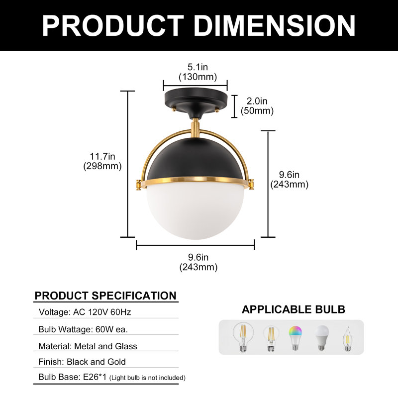 Mercer41 Modern Black And White Sphere Glass Semi-Flush Mount Ceiling ...