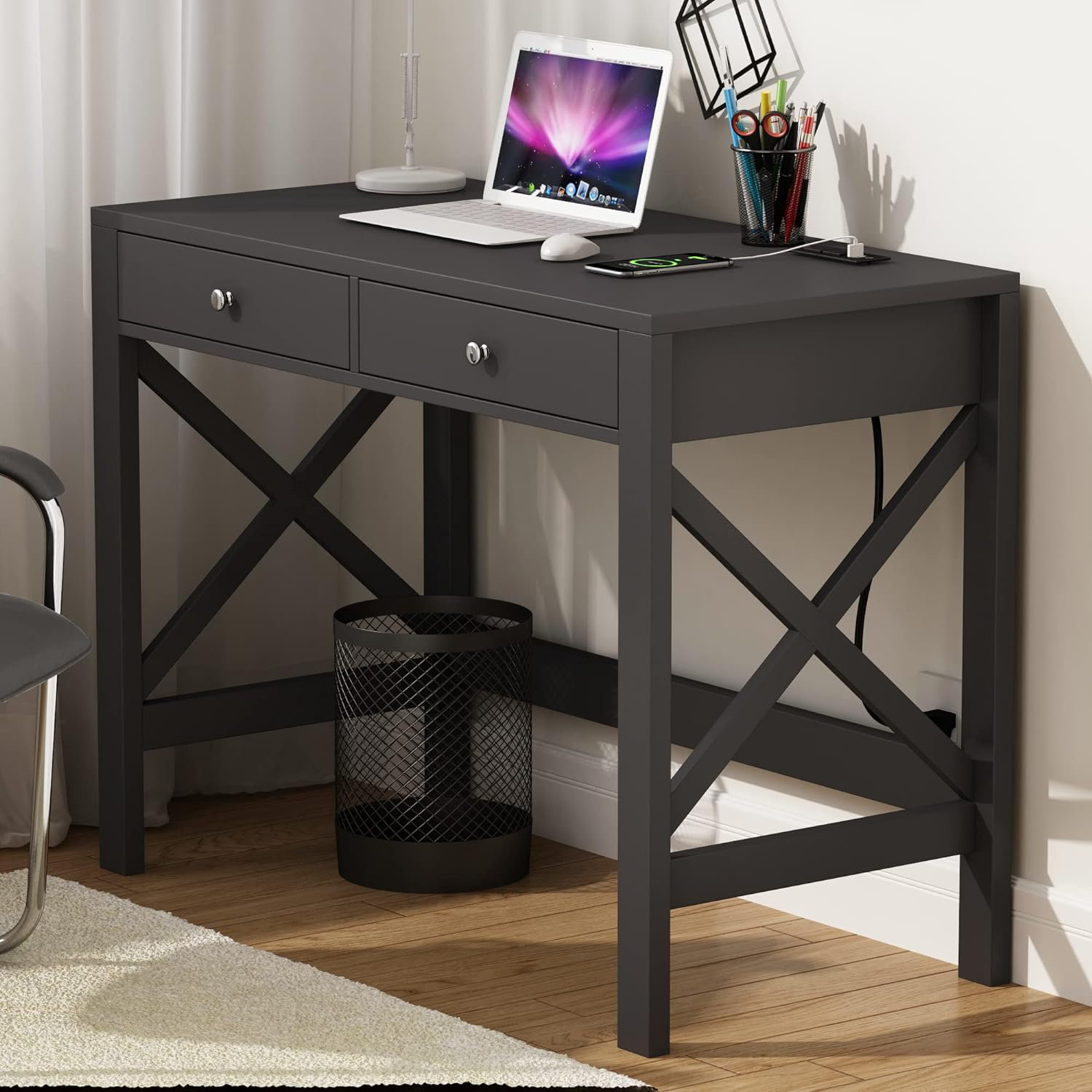Gracie Oaks Computer Desk With USB Charging Ports And Power Outlets, 39 ...