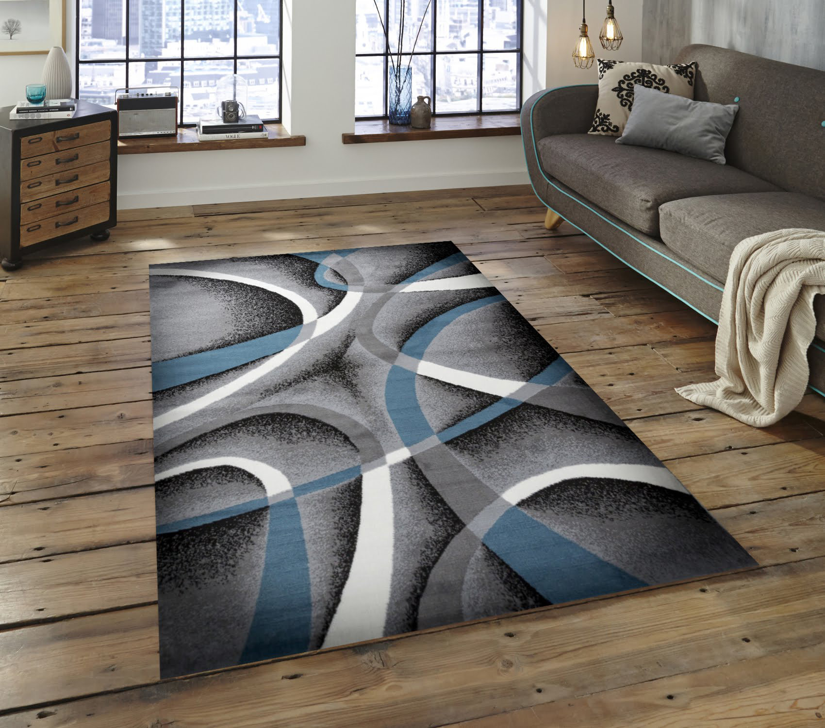 Ebern Designs Juelz Performance Gray/Blue/White Rug & Reviews | Wayfair