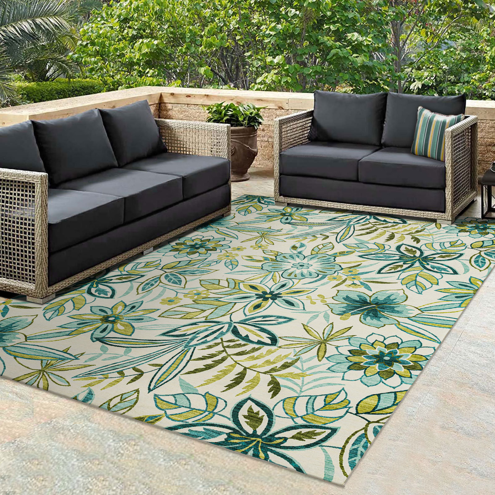 DECOMALL Blodewn Outdoor Rug Floral Design Performance Area Rug Green ...