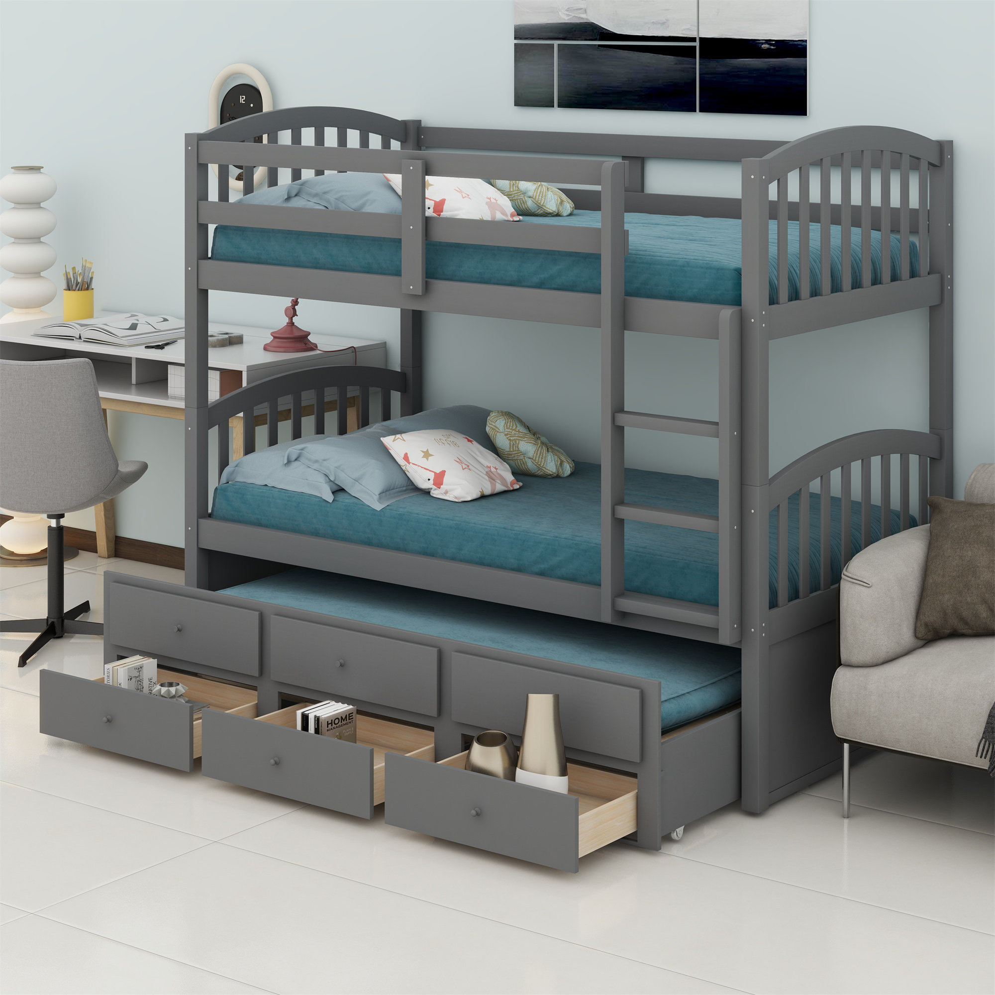 Harriet Bee Bunk Bed With Ladder, Safety Rail, Bunk Bed With Trundle ...