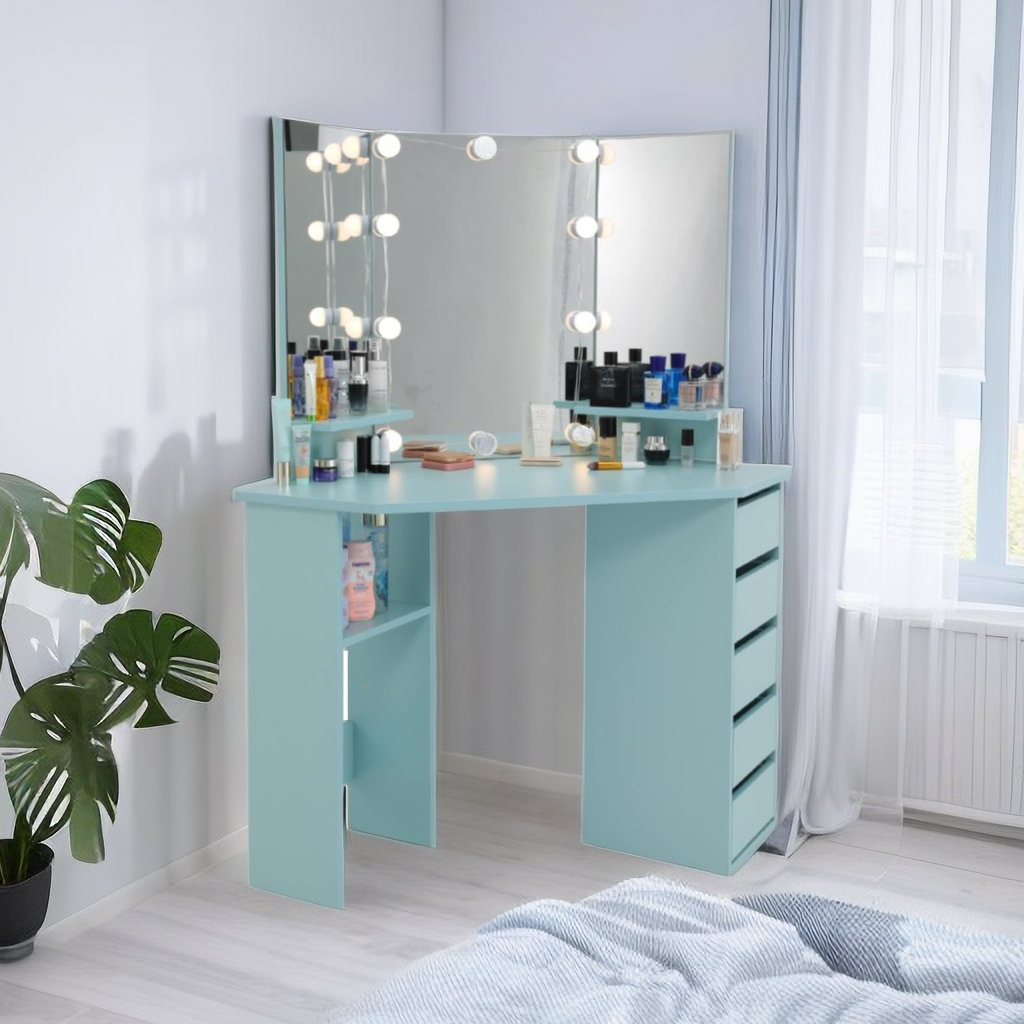 Ebern Designs Jaxcen Tri-Fold Mirror Vanity with 5 Drawers and 3 ...