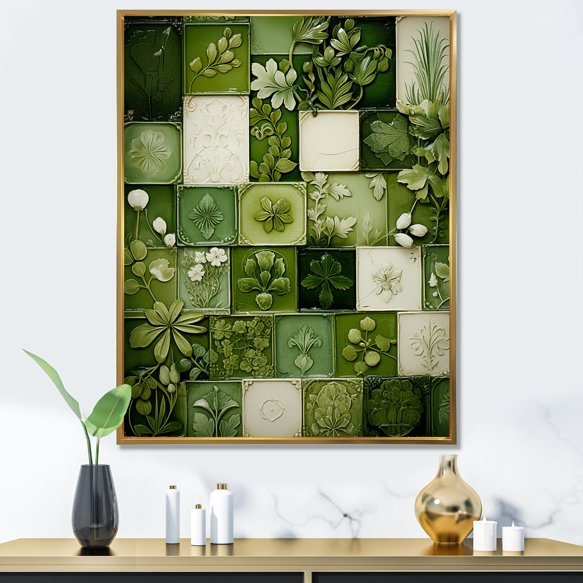 Lark Manor™ Botanicals Green Floral Tiles II - Abstract Tile Wall Art ...