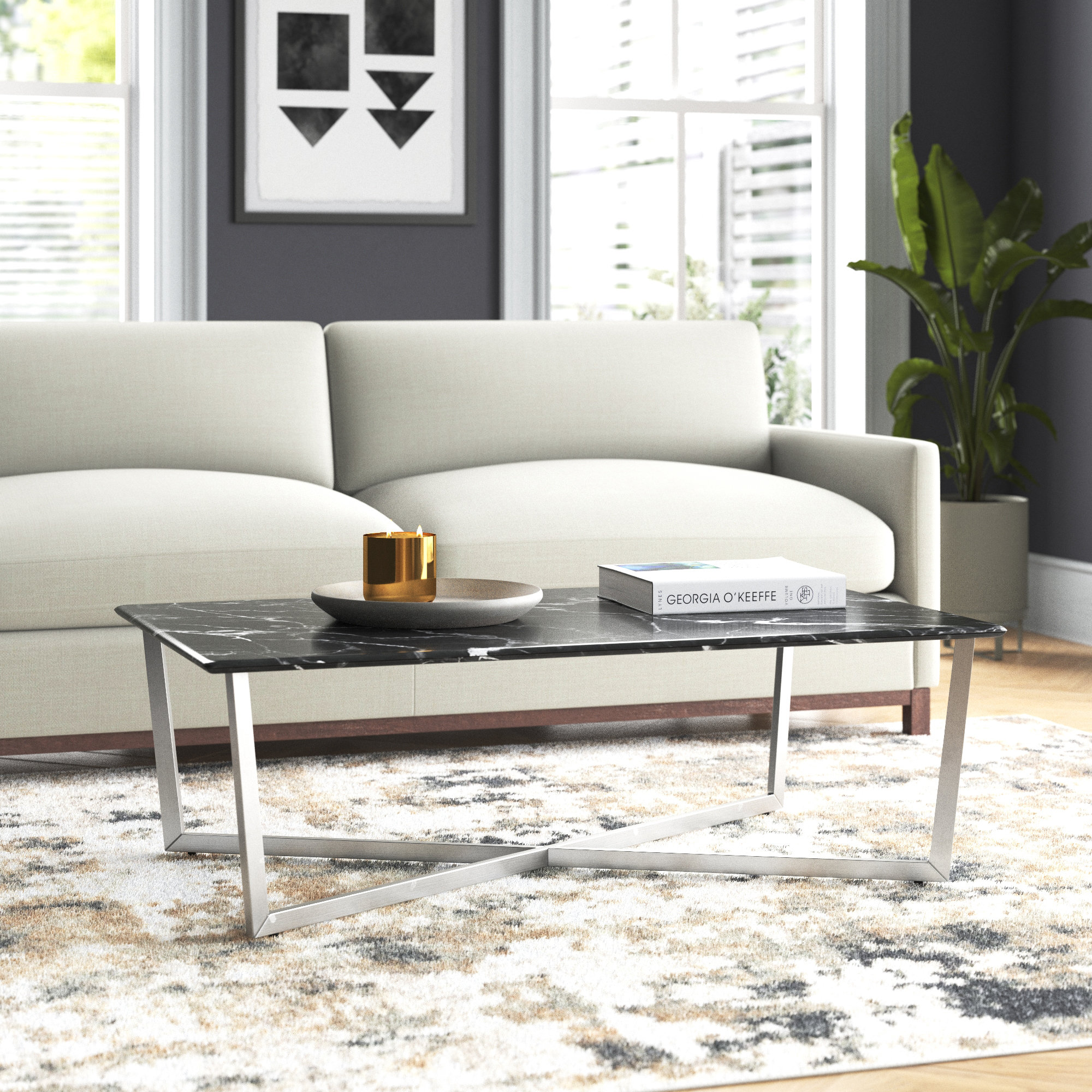 Wade Logan Pulcherie 47" Black And Silver Faux Marble Rectangular ...