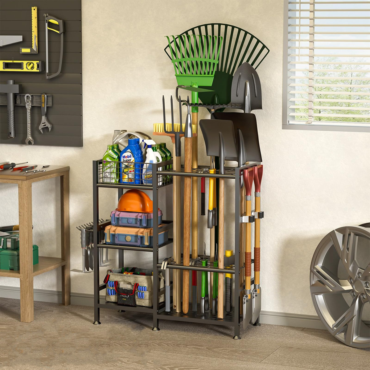 17 Stories 3 Tier Yard Tool Storage Rack for Garage Organization | Wayfair
