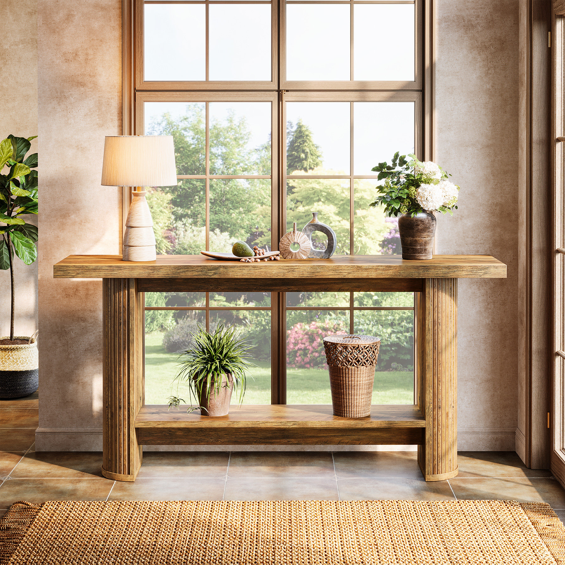 Millwood Pines 55-Inch Console Table With Storage, Rustic Brown 2-Tier ...