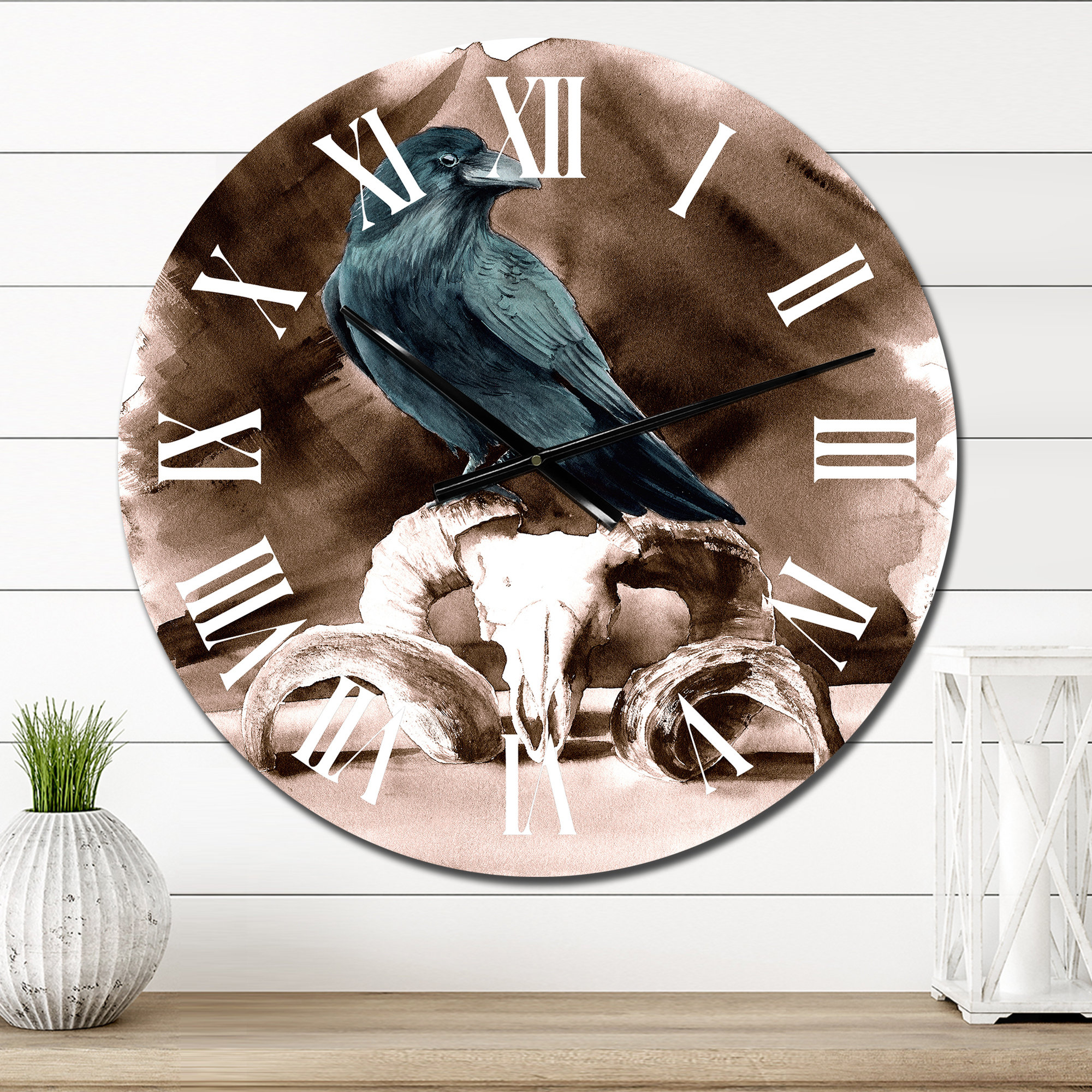 East Urban Home Raven Sitting on a Ram Skull - Traditional Wall Clock ...