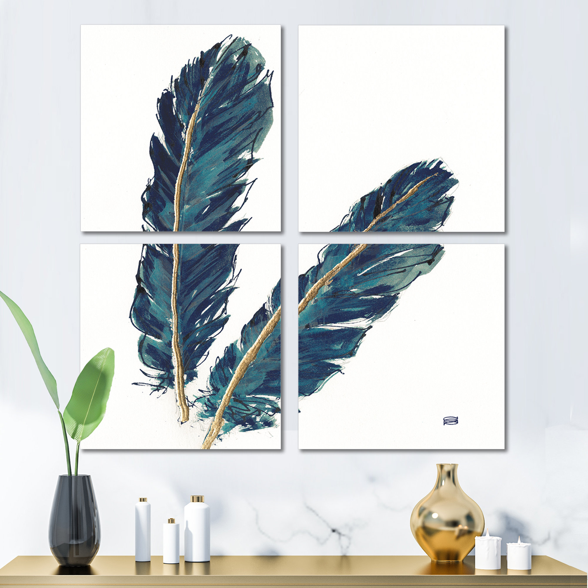 Dakota Fields Gold Indigo Feathers IV - Bohemian & Eclectic Canvas Wall ...