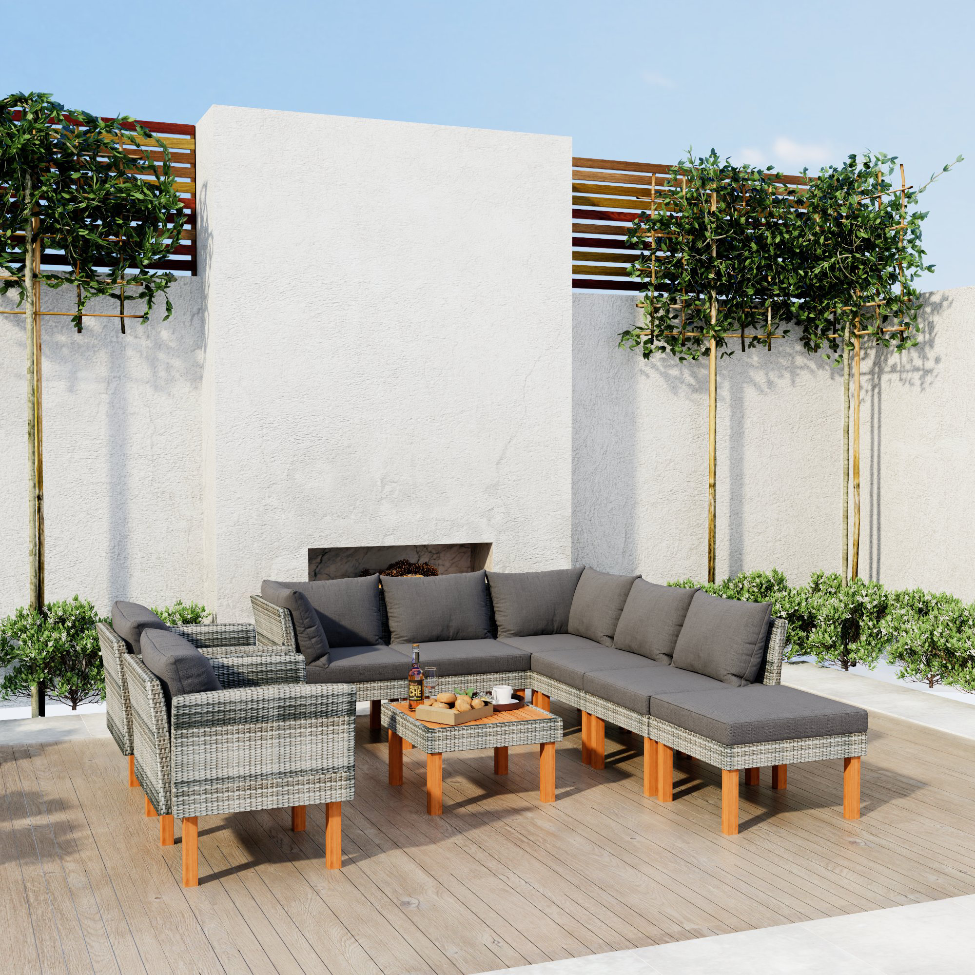 Hokku Designs Maeen 9-Piece Outdoor Seating Set Wood Leg and Tabletop ...