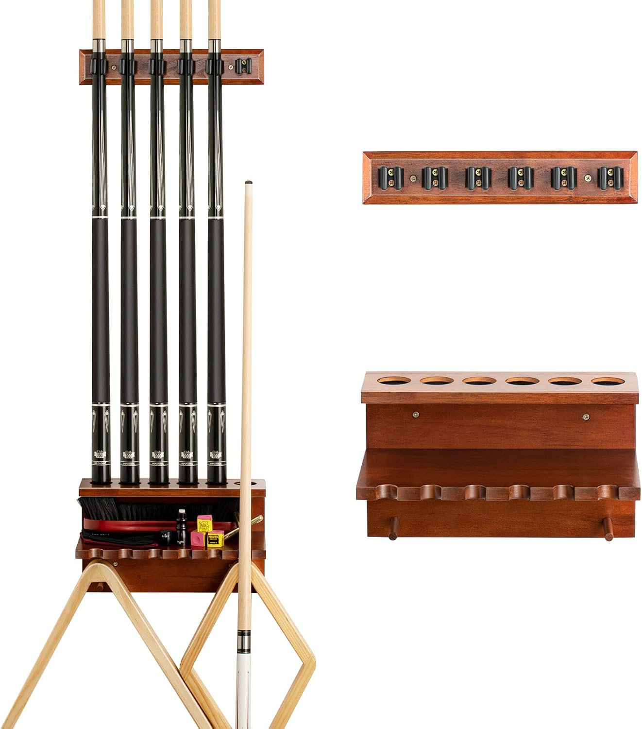 X－MAX FURNITURE Wall Mount Pool Stick Holder - Billiards Pool Cue Rack Hardwood Pool Cue Set ...