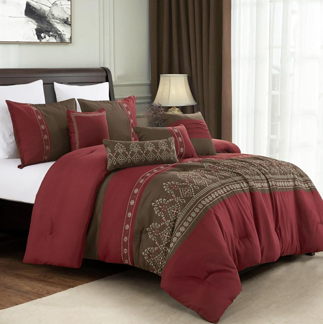 Home Mart Goods 7 Piece Burgundy Brown Embroidery Soft Bedding ...