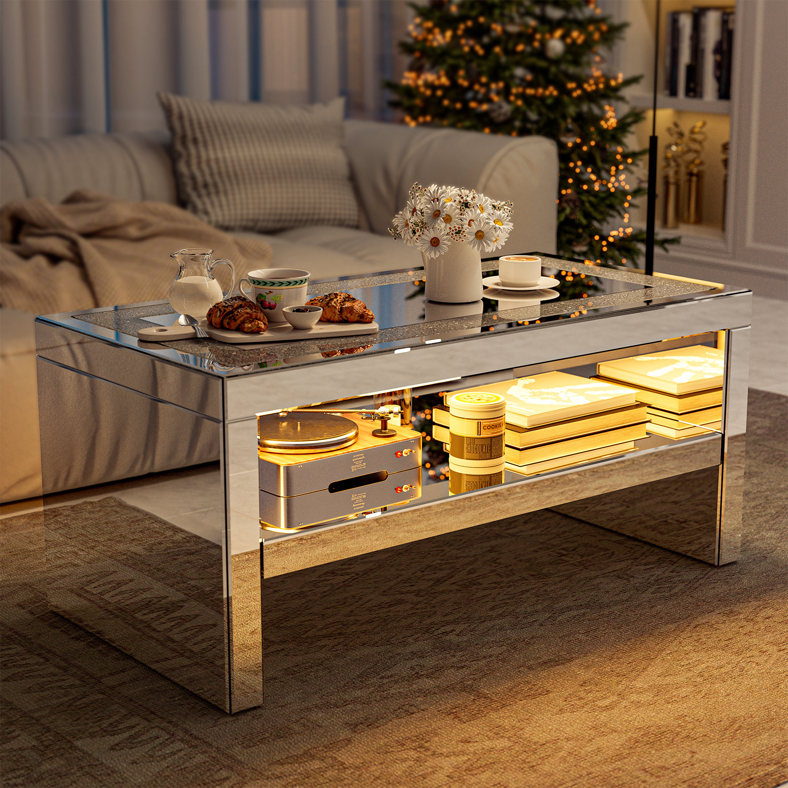 Ivy Bronx Mirrored Coffee Table With Mirror Crystal Board, Glass ...