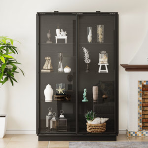Latitude Run® 74.8" H Black Glass Sliding Door Display Cabinet With Two ...