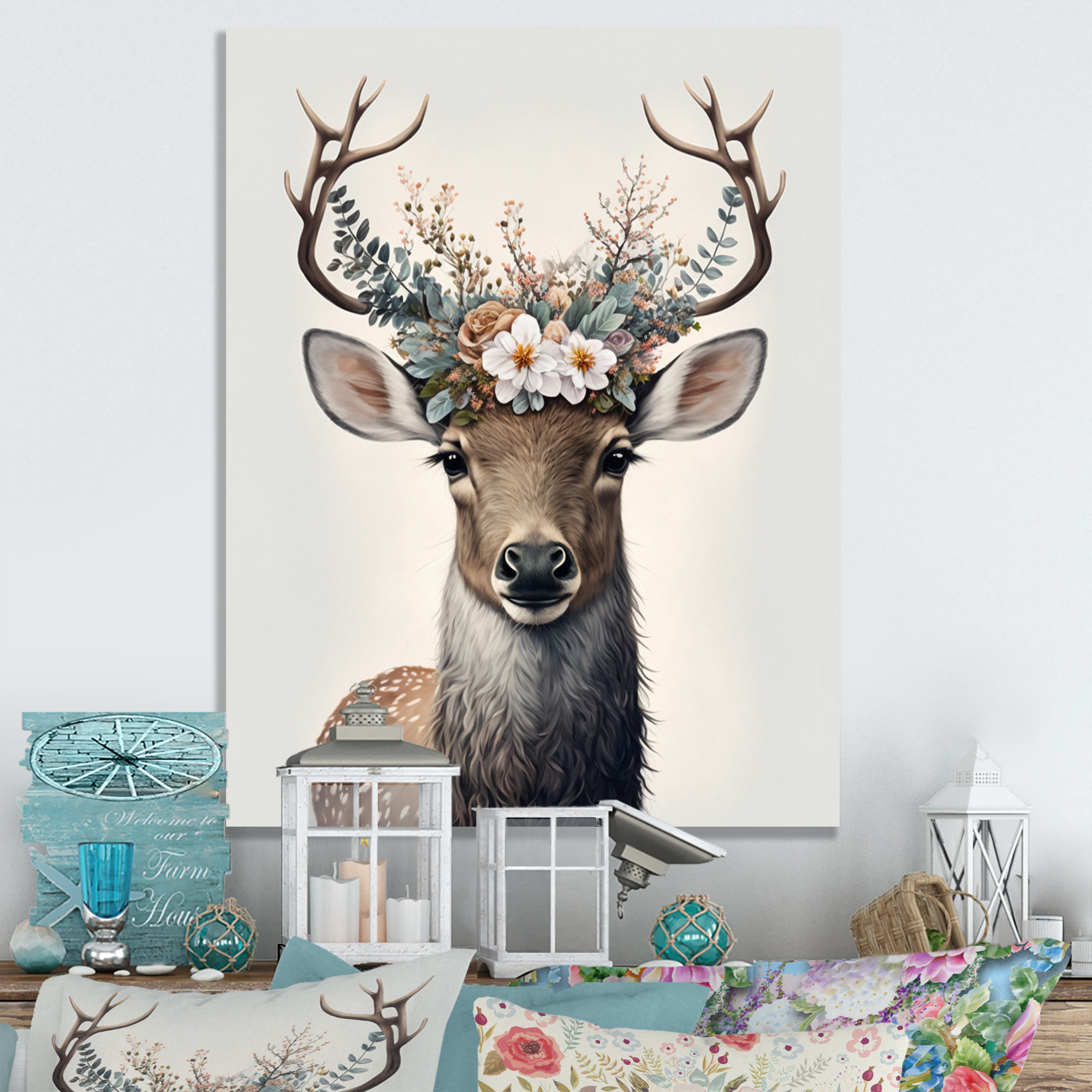 Millwood Pines Cute Baby Caribou With Floral Crown III - Modern Canvas ...