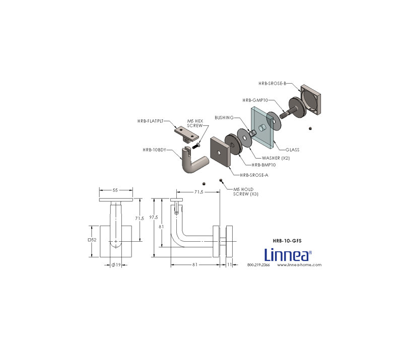 Linnea Glass Mount Handrail Bracket with Square Rose and Flat Plate ...