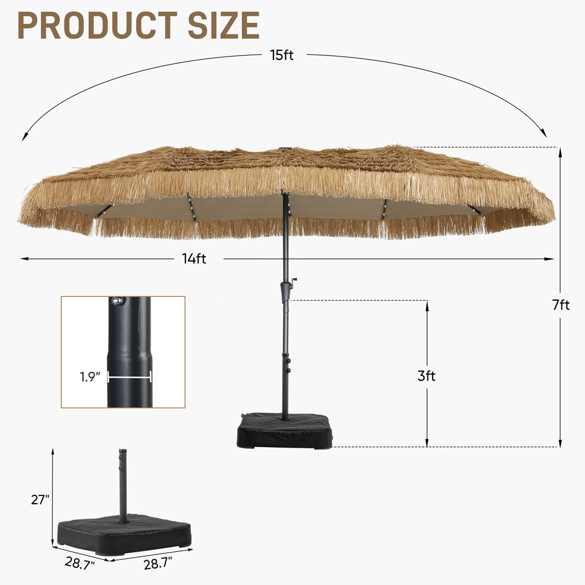 Arlmont & Co. 15FT Thatch Umbrella Tiki Bench umbrella With Base&Solar ...