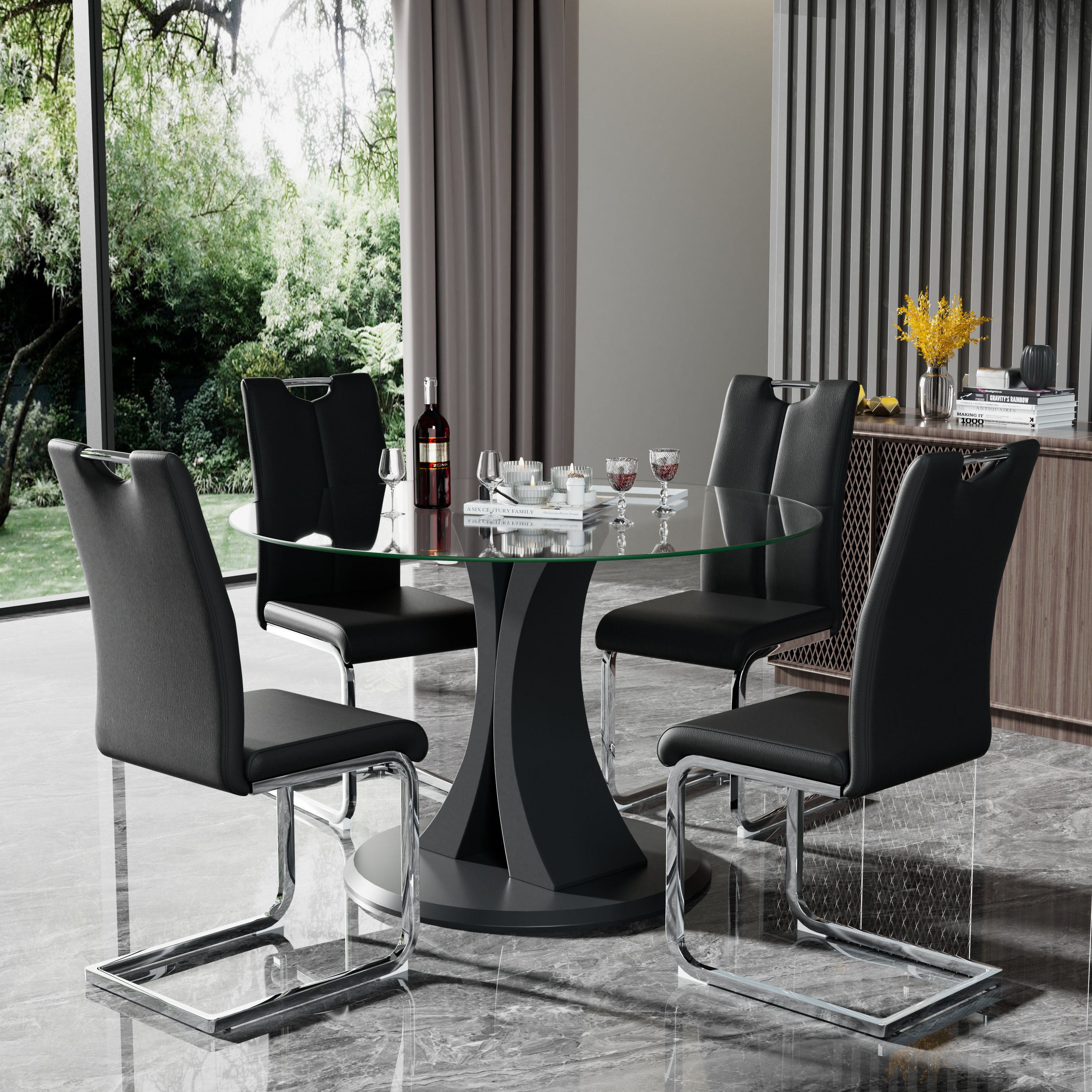 Wrought Studio™ Round Tempered Glass Pedestal Dining Table | Wayfair