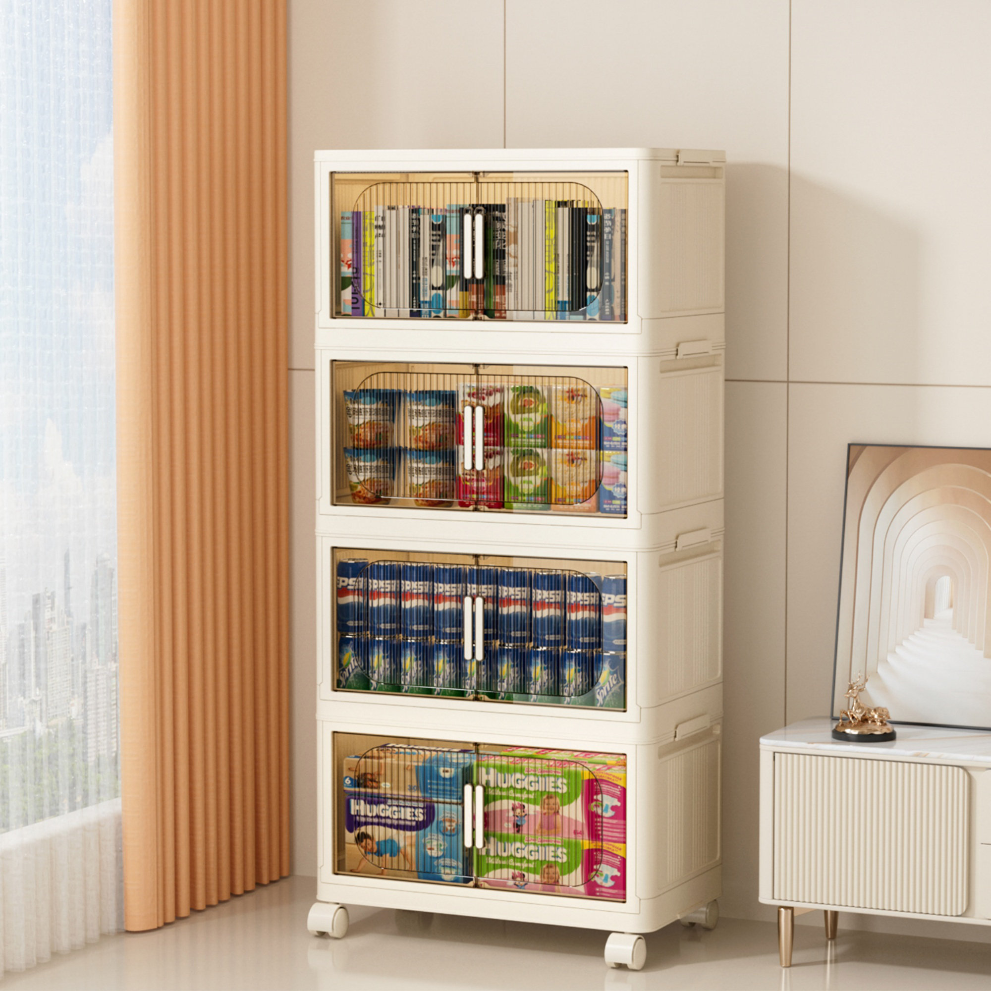 Ebern Designs 19.69" Side Wide Folding Storage Cabinet ,4 Tiers,19.69"× ...