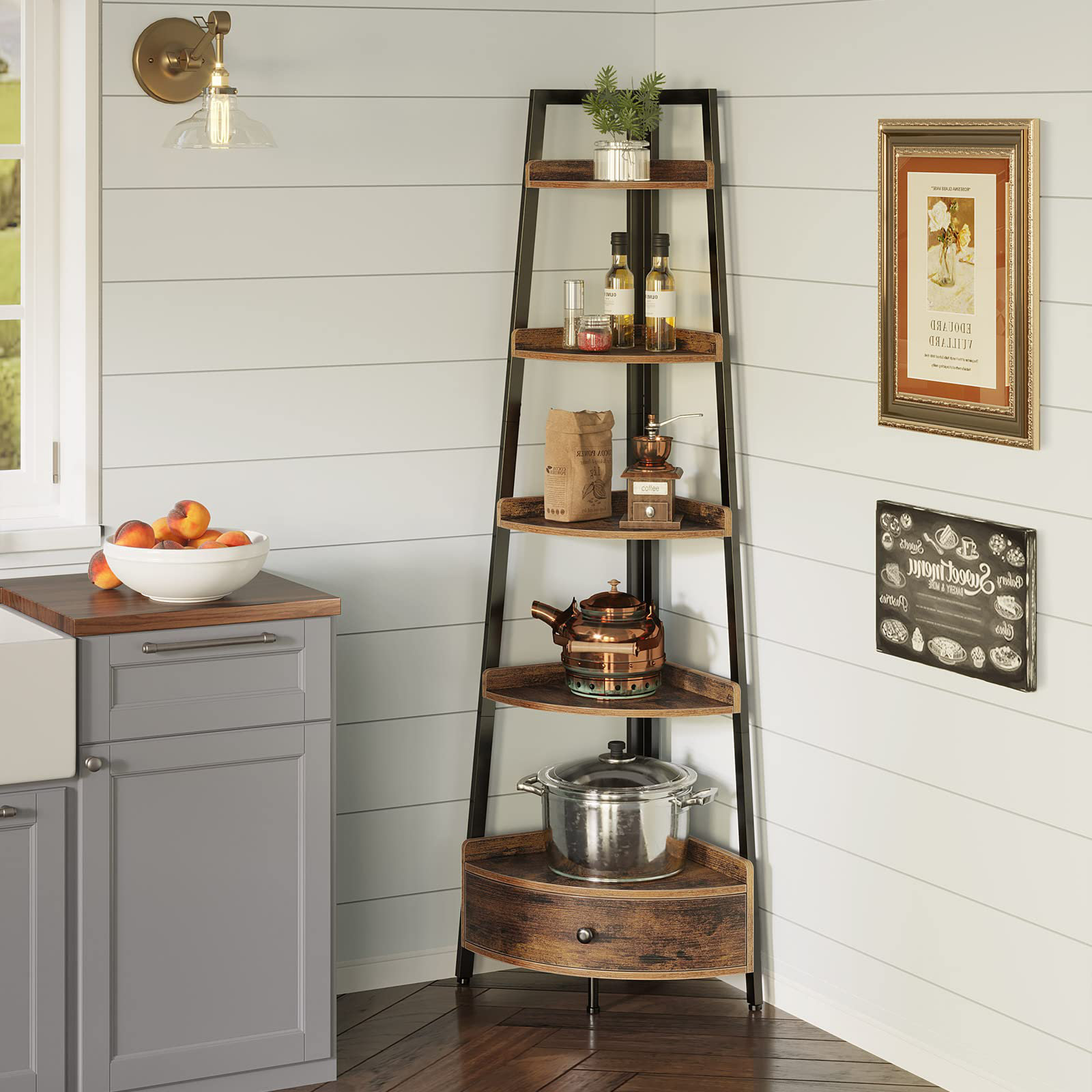 17 Stories Corner Shelf With Drawer, 5-Tier Corner Bookshelf ...