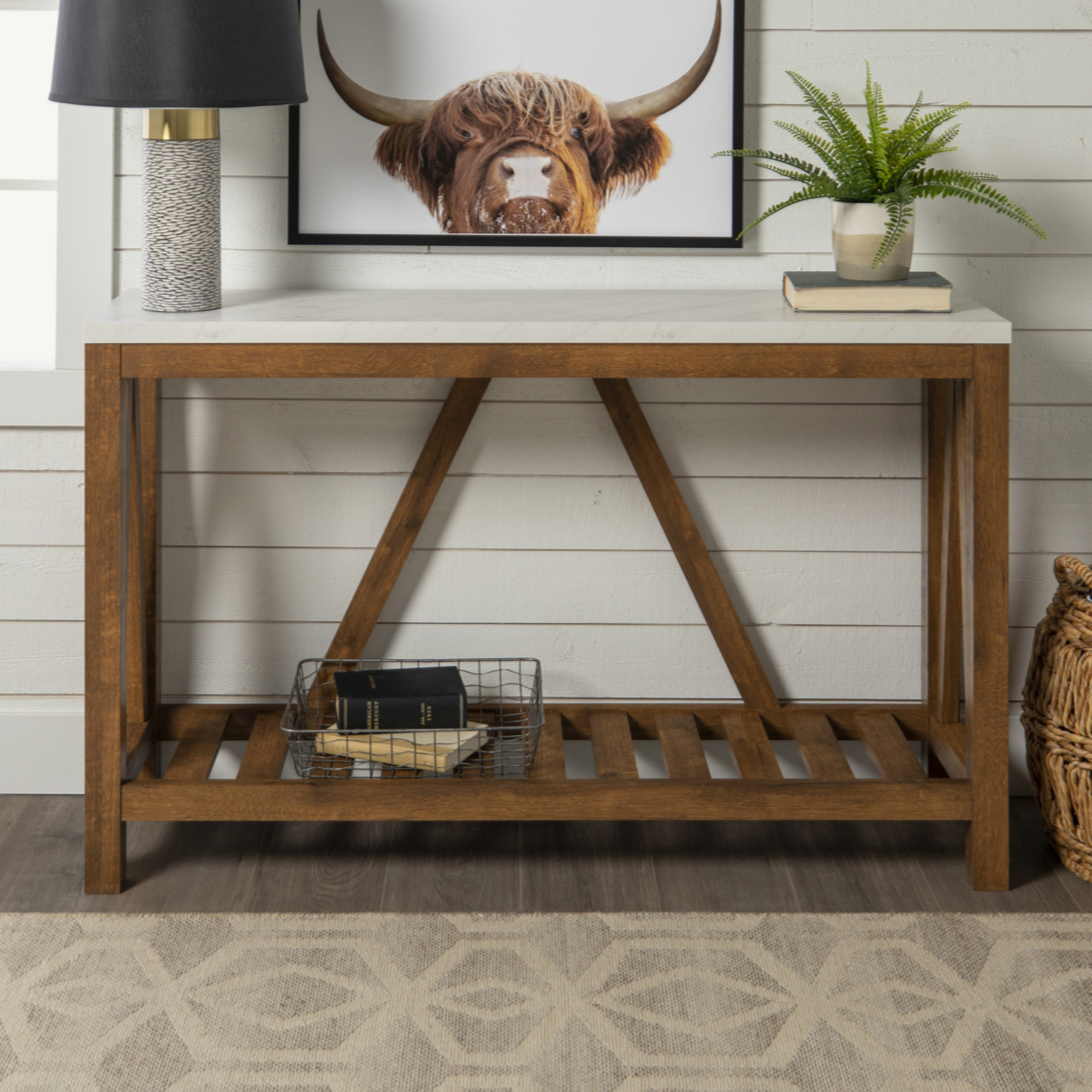 Ophelia & Co. Farmhouse A-Frame Faux Marble Entry Table With Lower ...