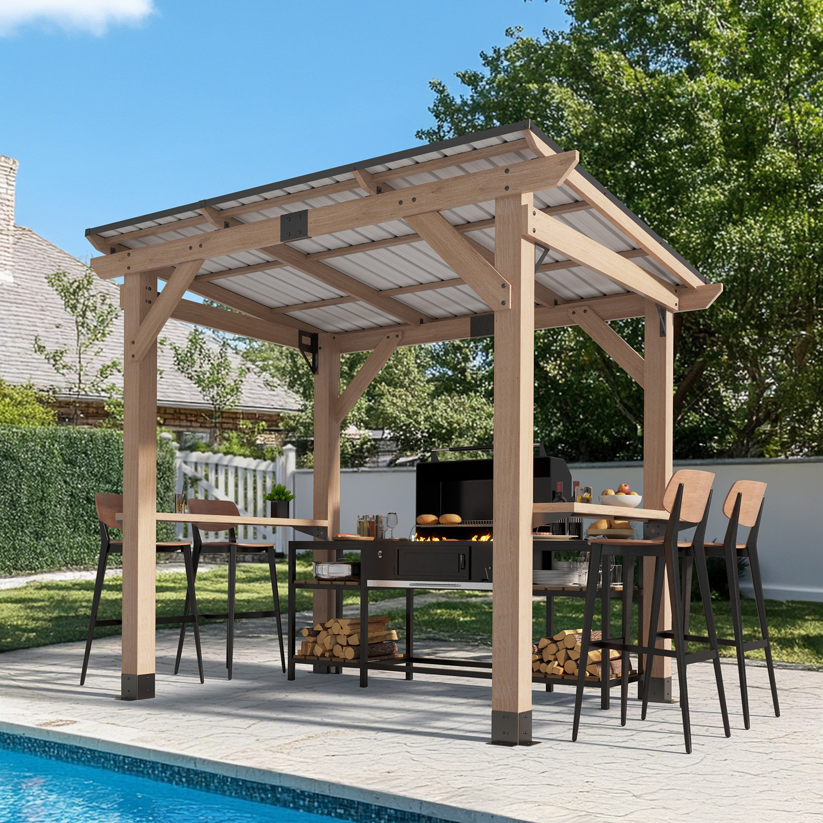 StarEcho cedar Wood Grill Gazebo with Bar Counter, Patio Hardtop Grill ...
