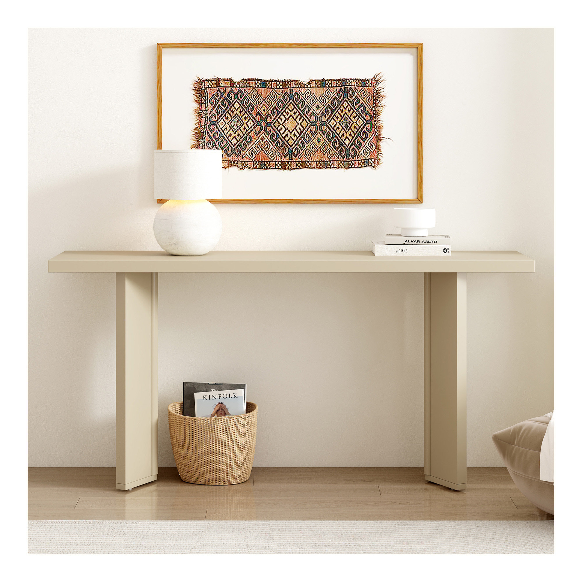 Mercer41 Stylish Console Table With Pine Veneer And Geometric Legs ...