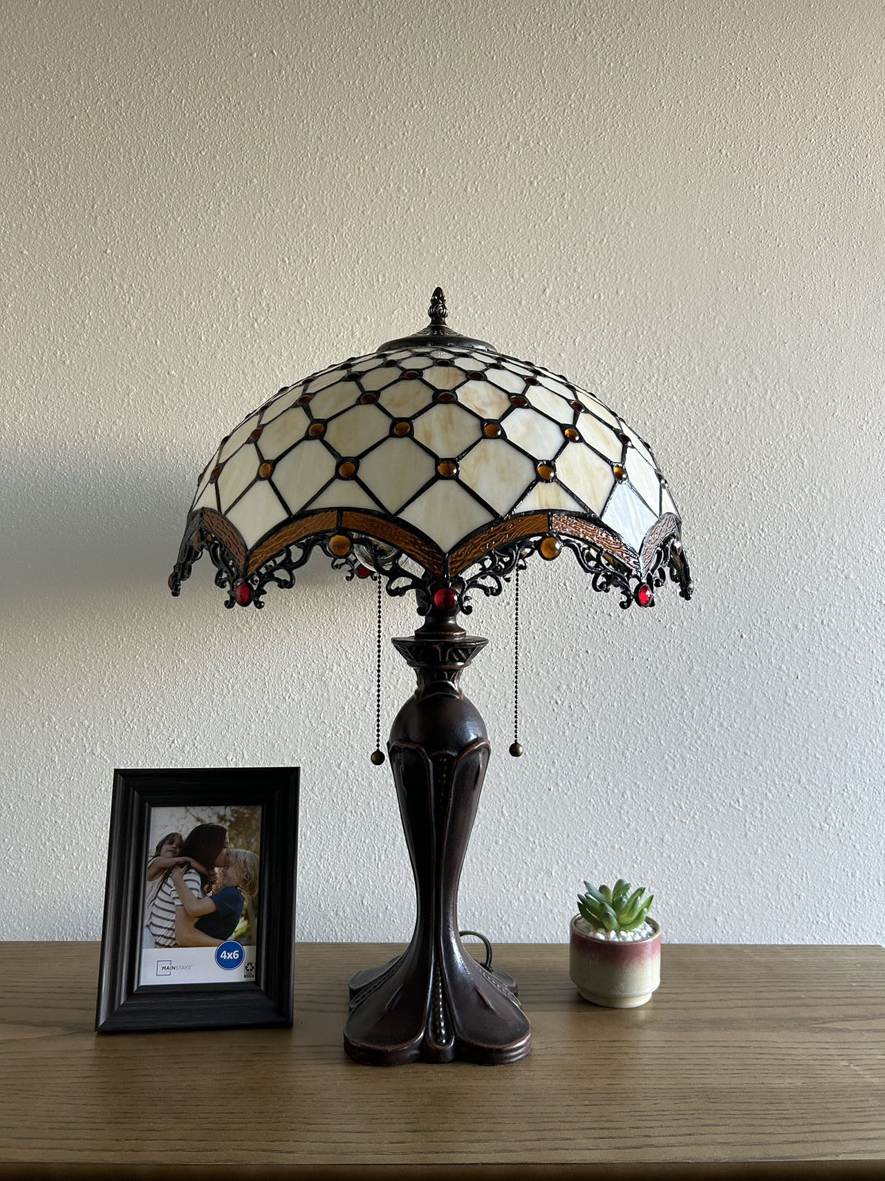 Bloomsbury Market Hanae Tiffany Table Lamp Beige Stained Glass Crystal ...