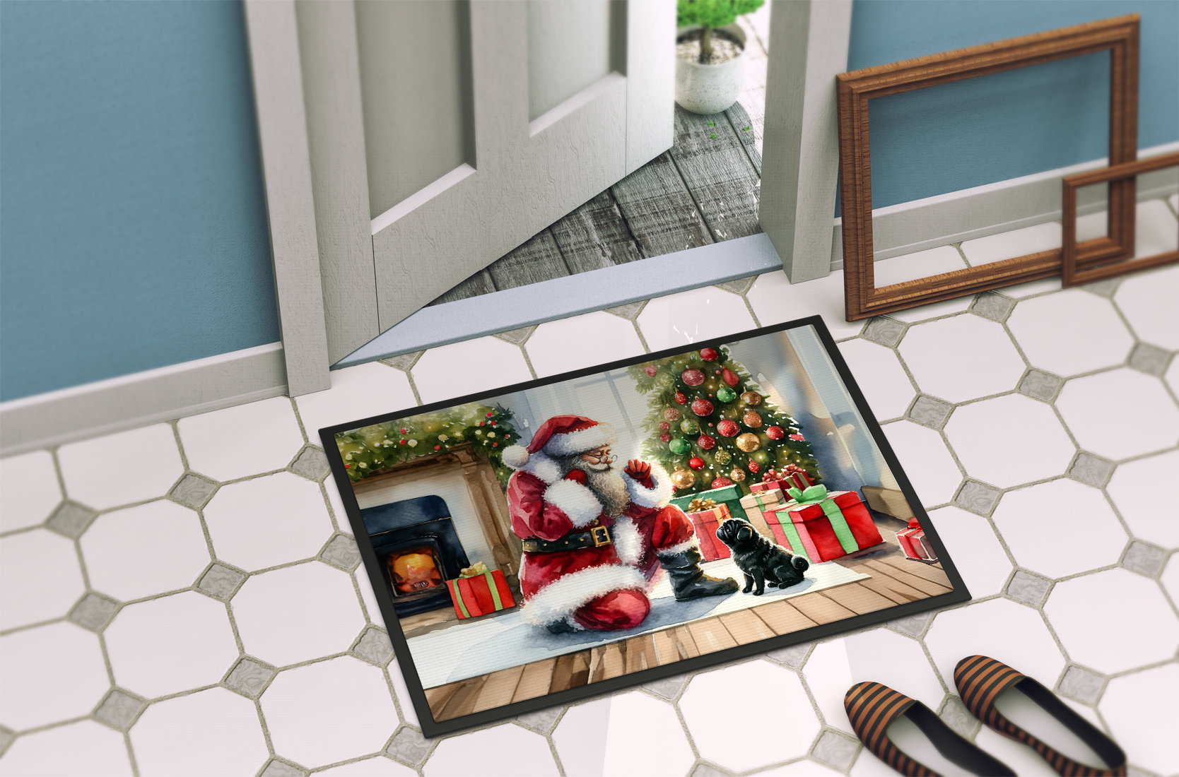 Caroline's Treasures Black Pug and Santa Claus Doormat | Wayfair
