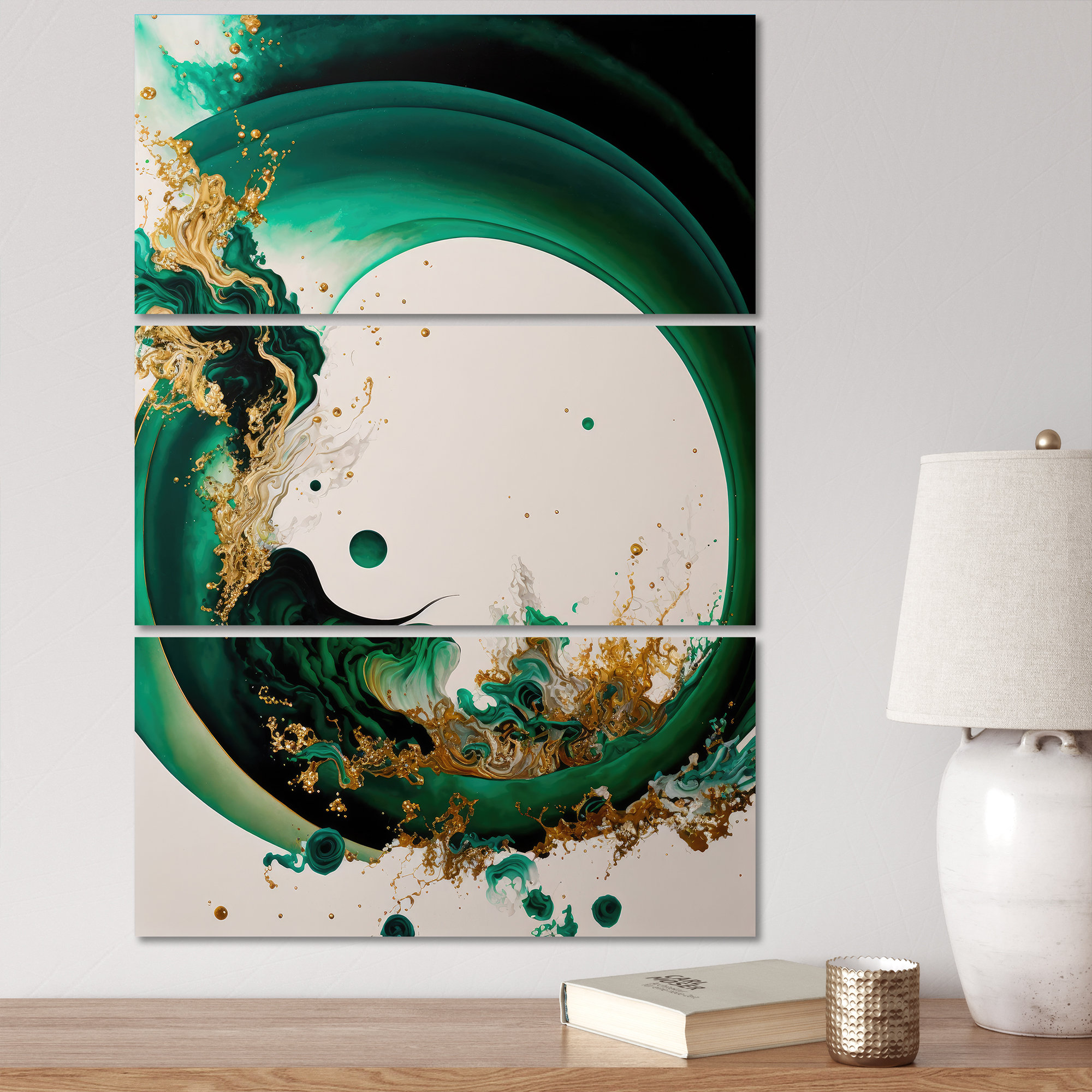 Orren Ellis Kyseem Emerald Green And Gold Abstract Waves II On Canvas 3 ...