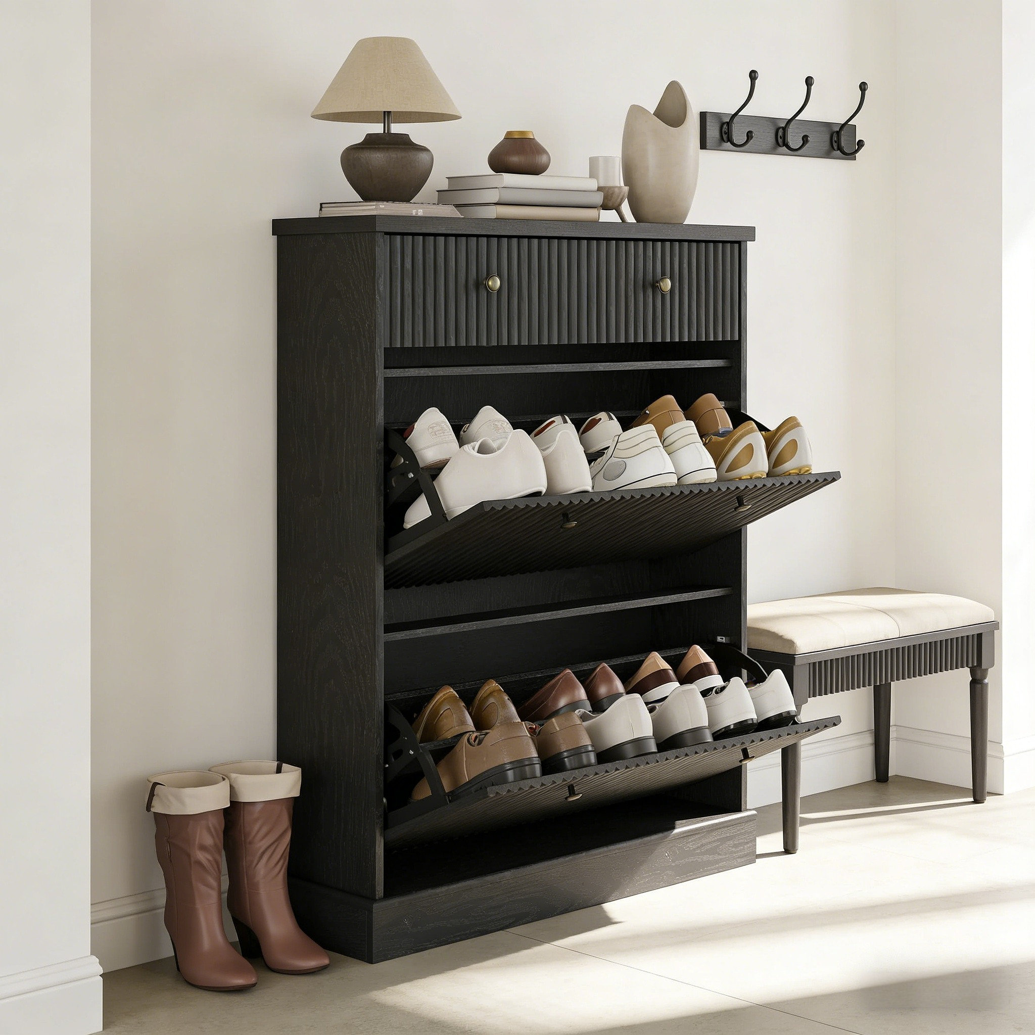 Latitude Run® 2-Drawer Flip-Down Shoe Cabinet – Hidden Louvered Wood ...