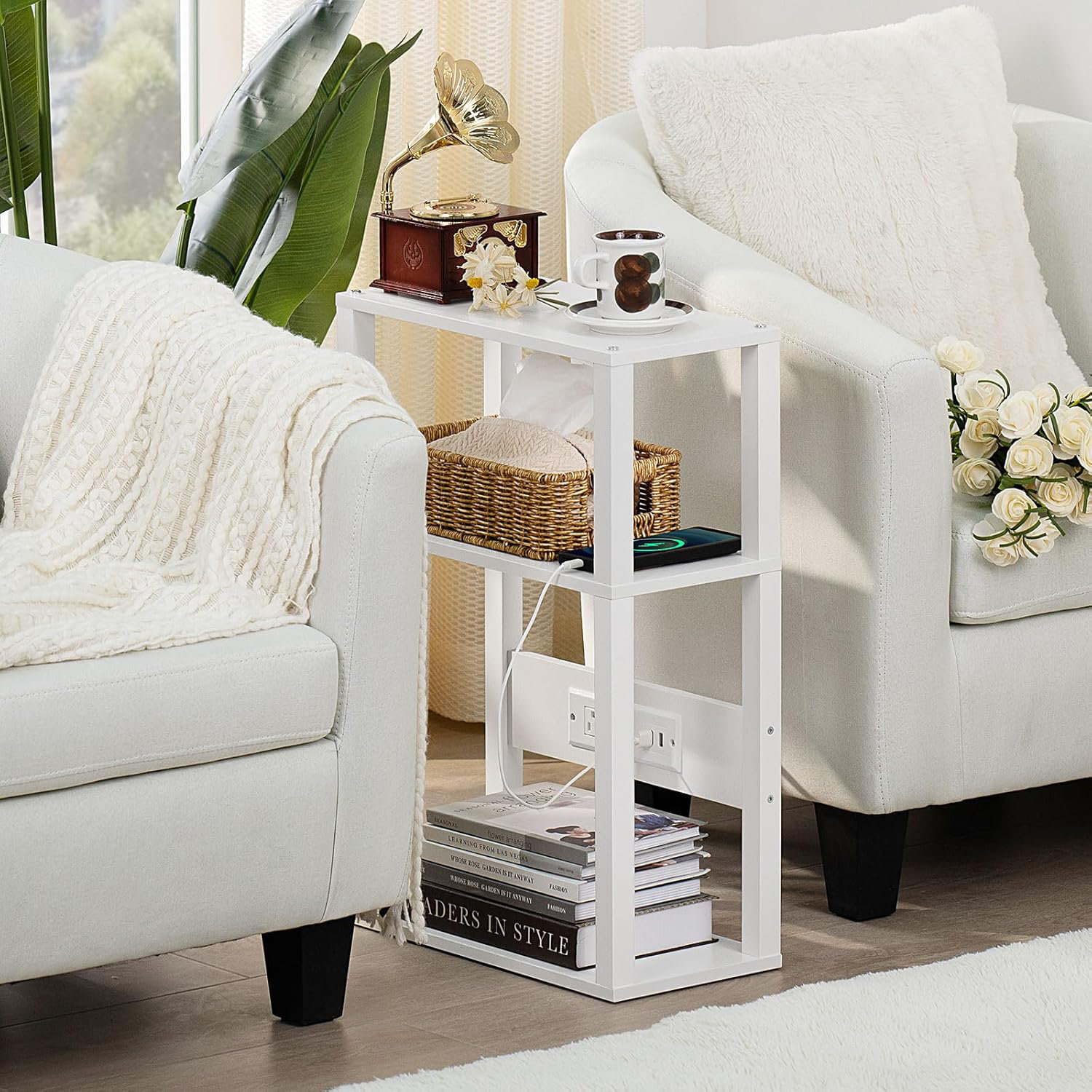 Ebern Designs 3-Tier Small Narrow Wood Side Table Set Of 2 With ...