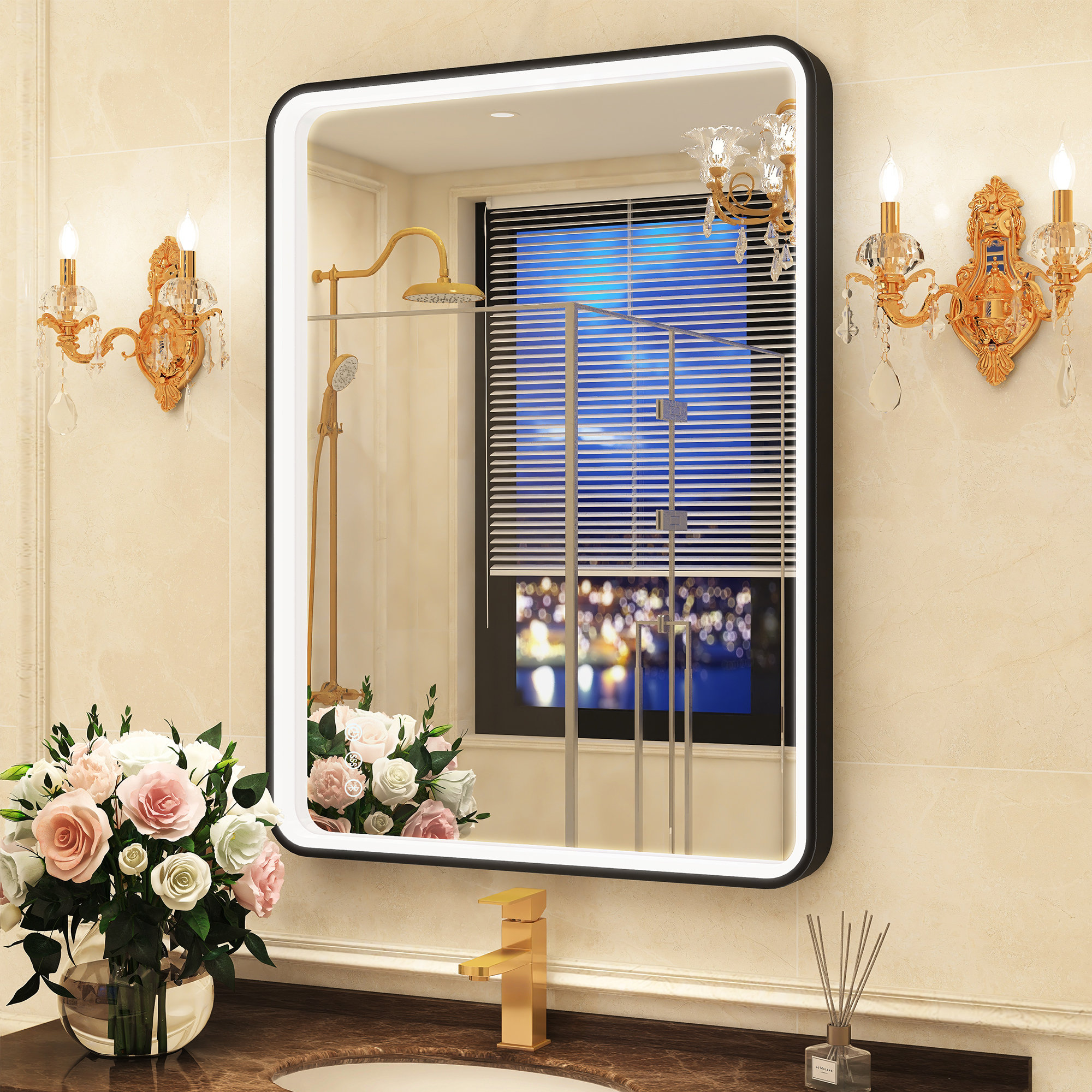Latitude Run® Sleek Black Framed LED Bathroom Mirror Dimmable Lighting ...
