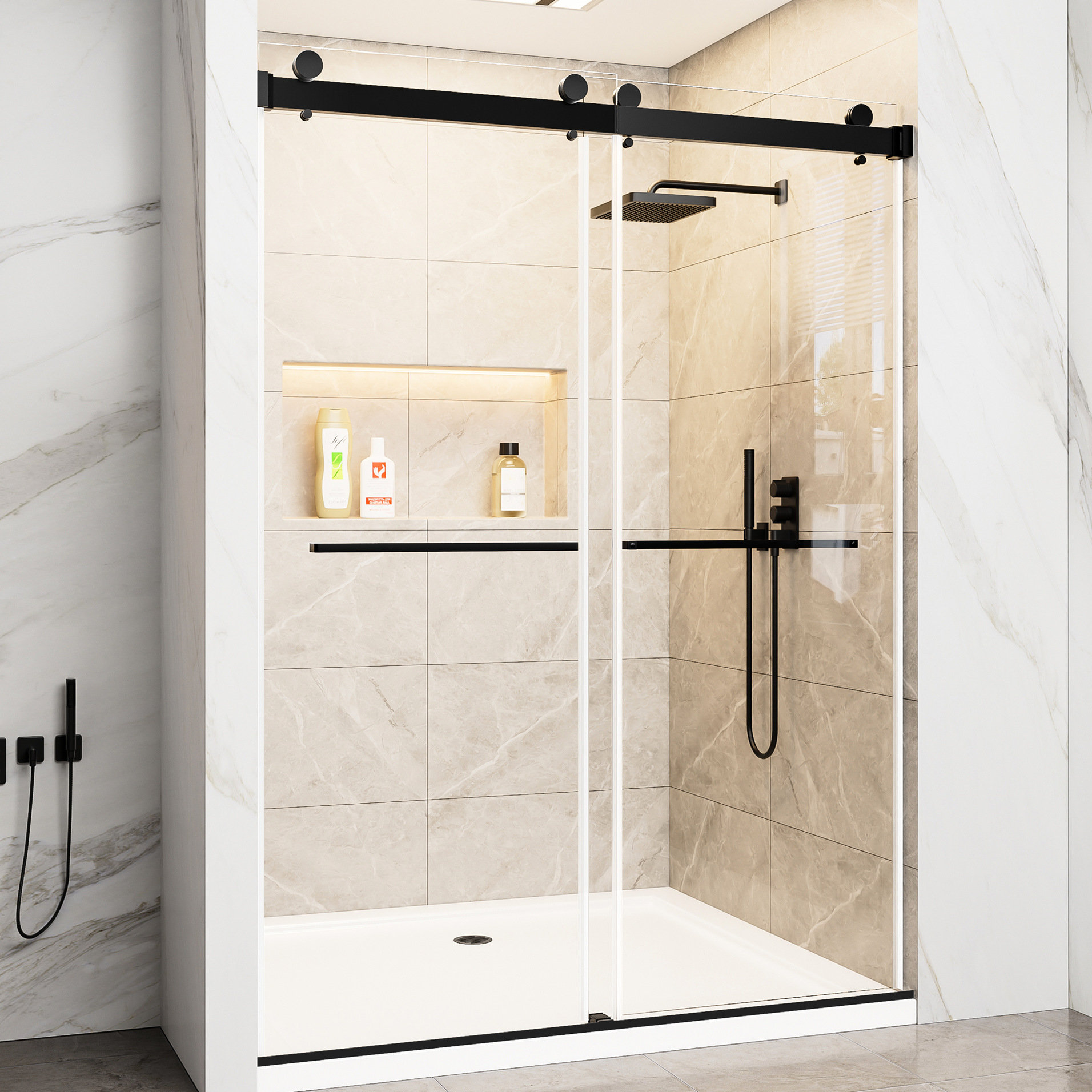 CaneCreations 78" H 60" W Double Sliding Matte Black Shower Screen, 3/8 ...