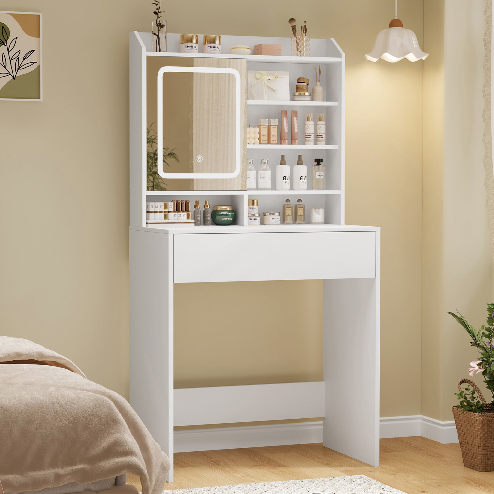 Ebern Designs Small Vanity Desk With Lighted Sliding Mirror, 3 Lighting ...