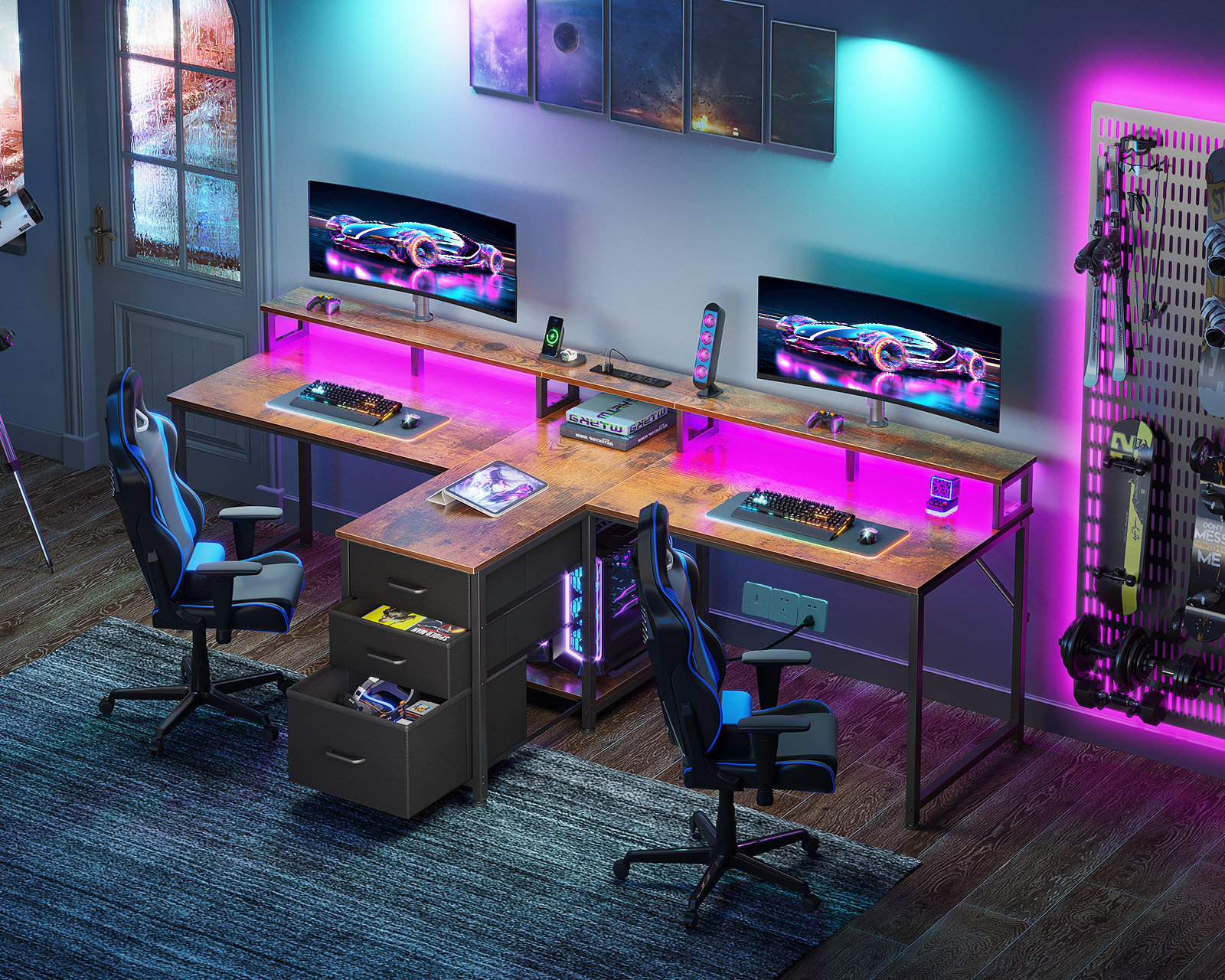 Inbox Zero Computer Desk With 2-tier Fabric Drawers,gaming Desk With A ...