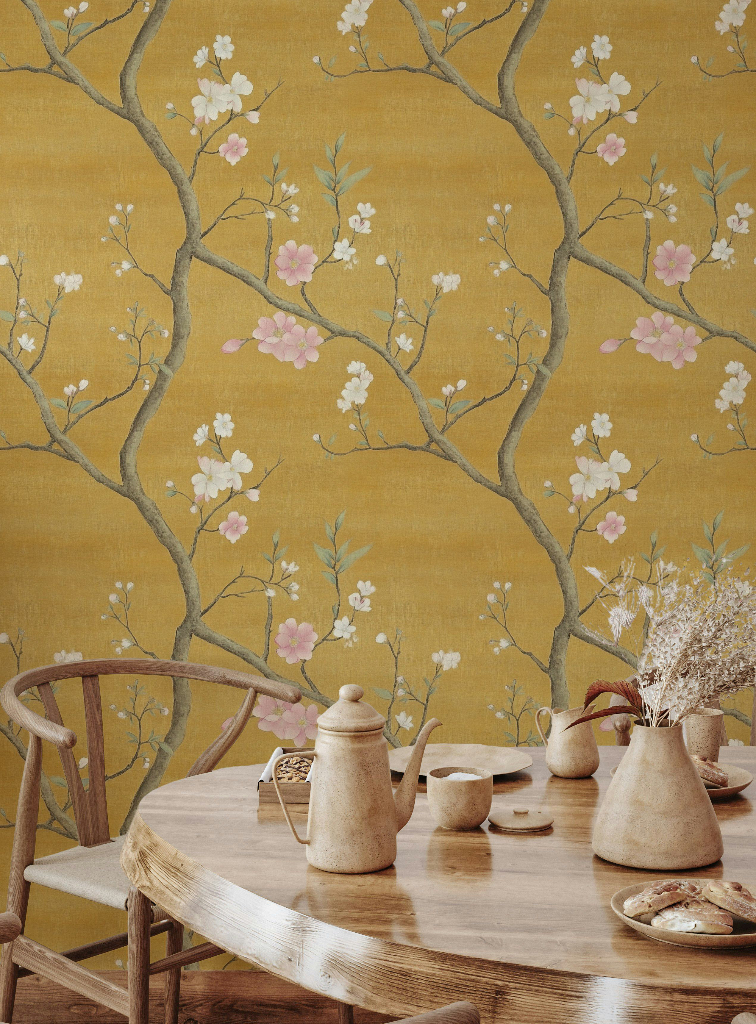 Lark Manor™ Elegant Chinoiserie Floral Wallpaper Yellow Background Peel ...
